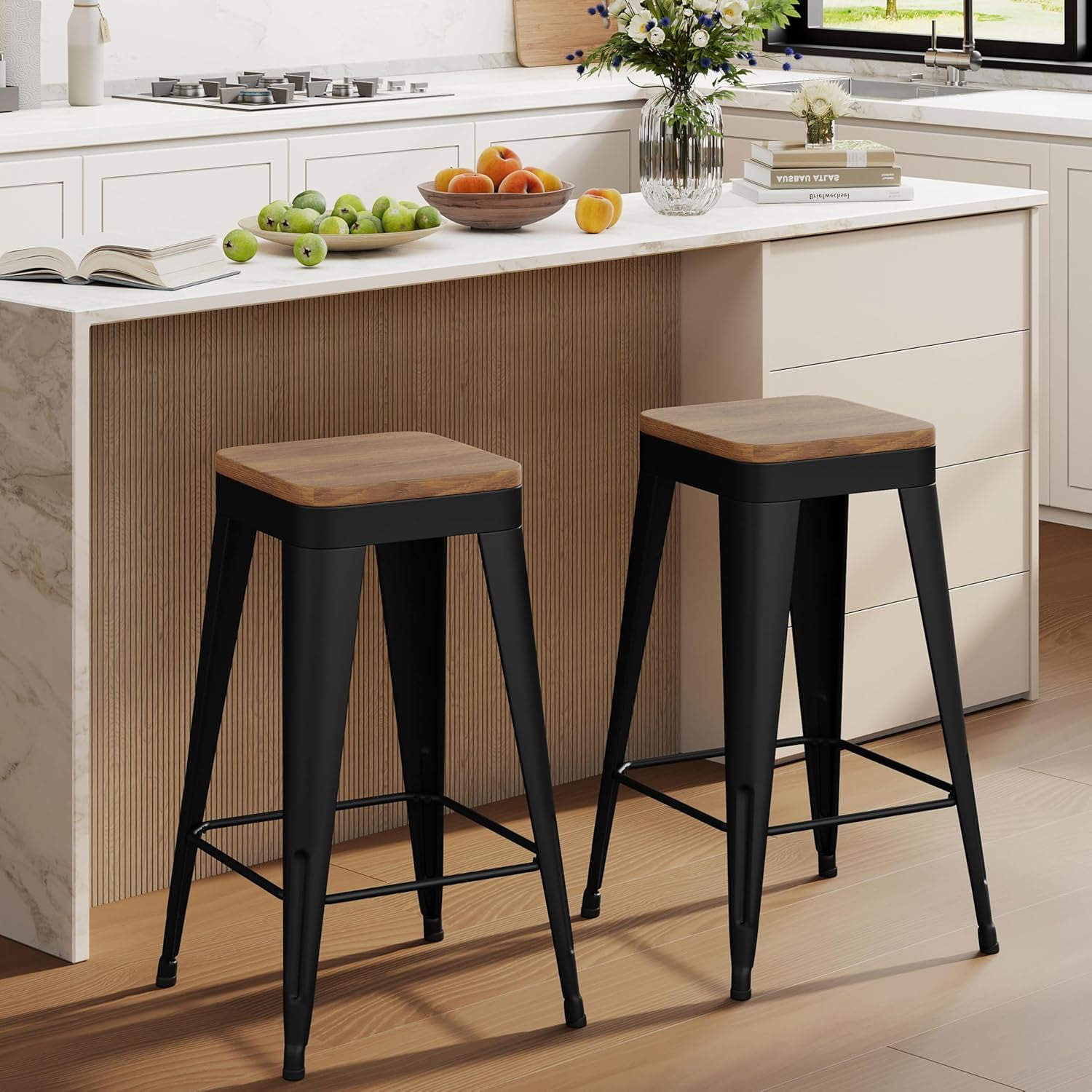 Bar Stools Set of 2 Metal Bar Stool Counter Height Bar Stools Black ...