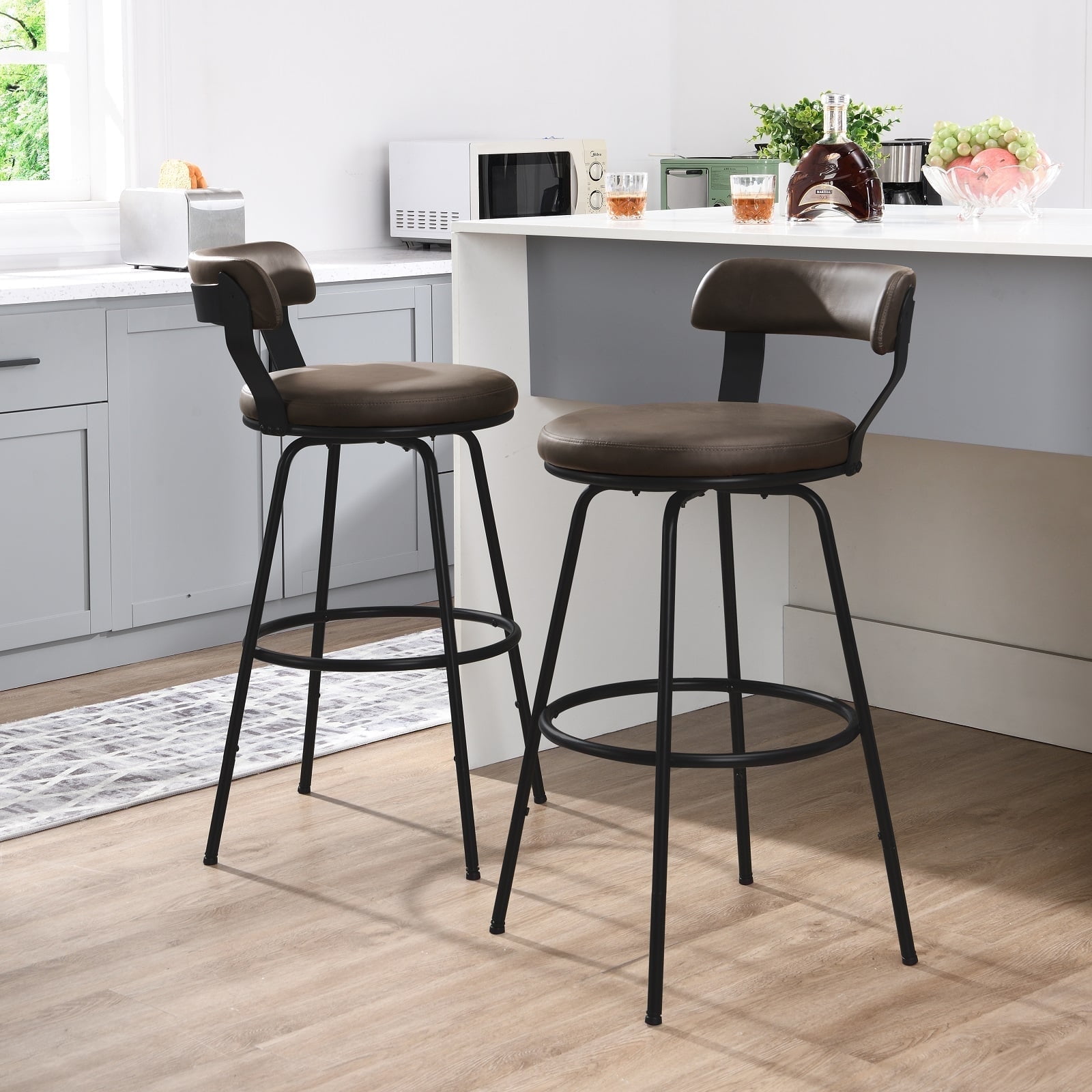 Bar Stools Set of 2-Metal Stools for Kitchen Counter PU Leather ...