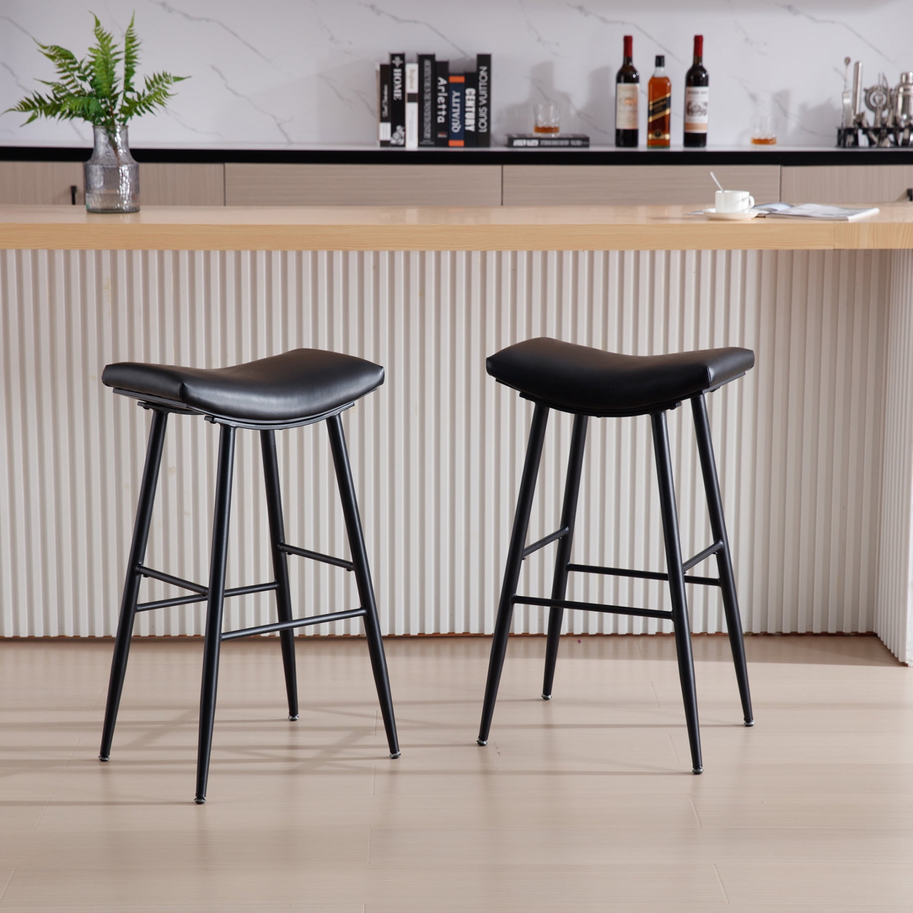 Bar Stools Set of 2,PU Upholstered Breakfast Stools With Footrest ...