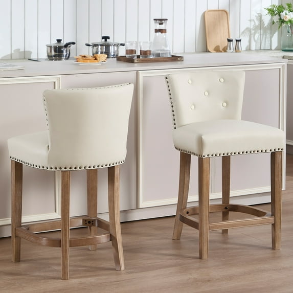 Bar Stools Set of 2,Seat Height 29.5'' Leather Wooden Bar Stools(Beige ...