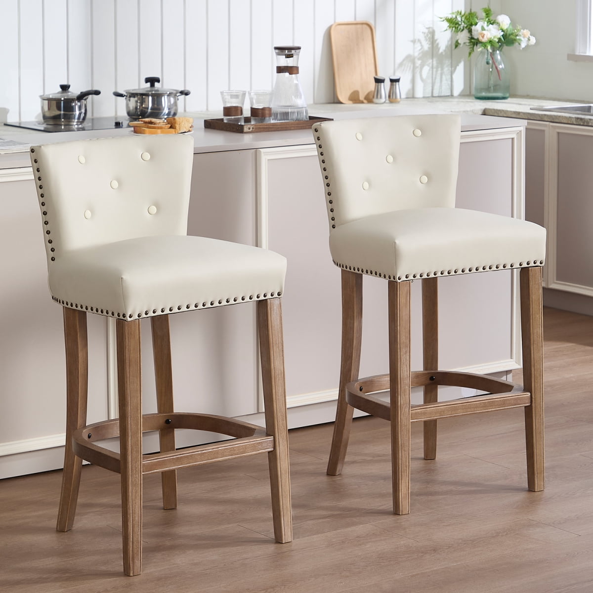 Bar Stools Set of 2,Seat Height 29.5'' Leather Wooden Bar Stools(Beige ...