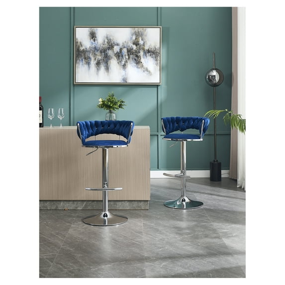 Bar Stools Set of 2, Swivel Adjustable Height Blue Velvet - Chrome ...