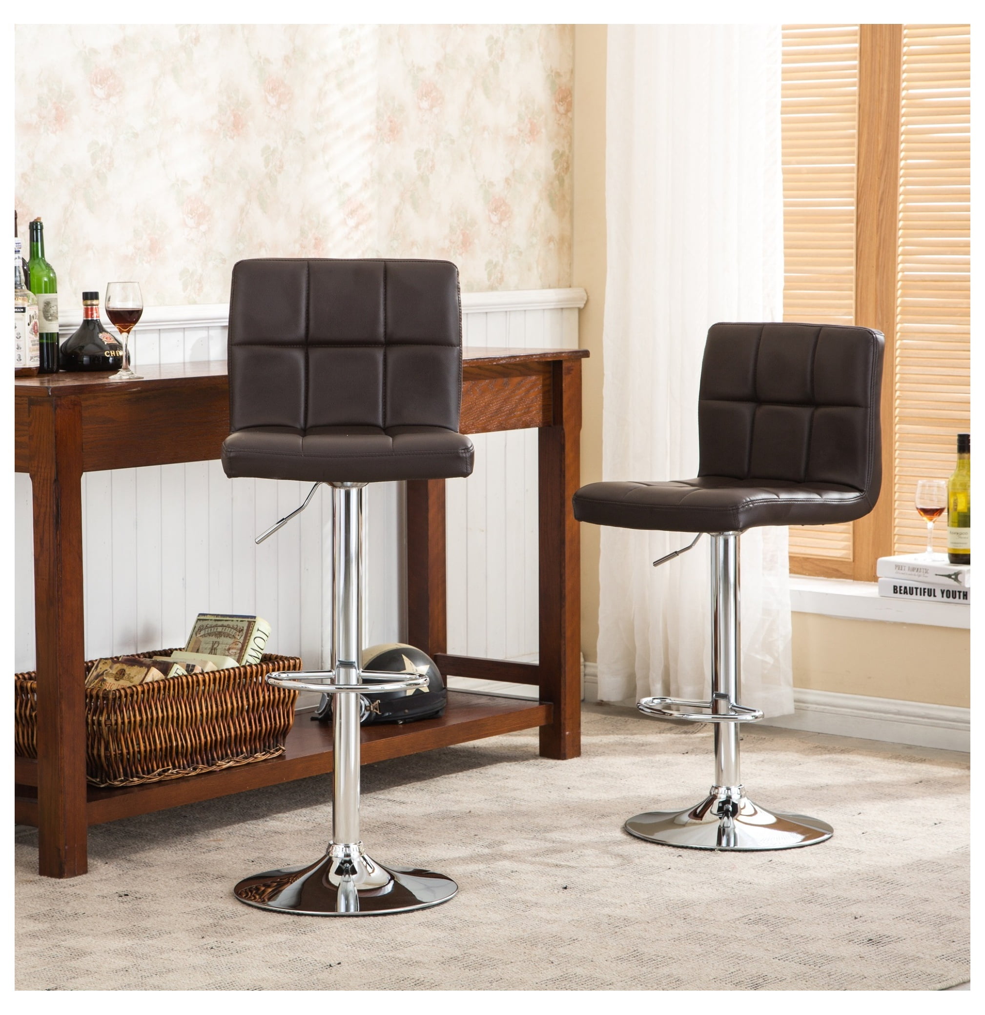 Bar Stools Set of 2, Swivel Adjustable Hydraulic Brown Faux Leather ...