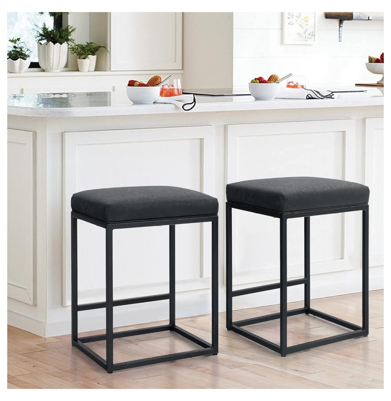 Bar Stools Set of 2 - Thick Cushion Bar Chairs Metal Steel Frame Base ...