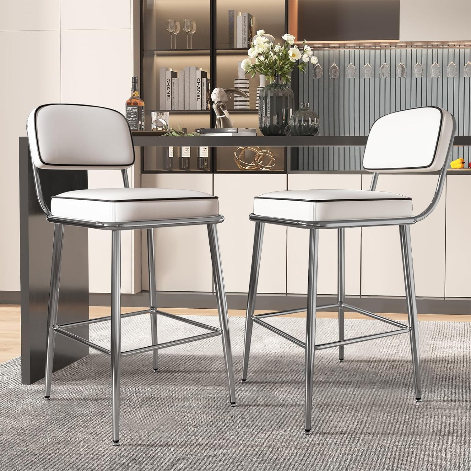 Bar Stools Set of 2 with Backs and Metal Legs, 26 Inch Counter Height ...
