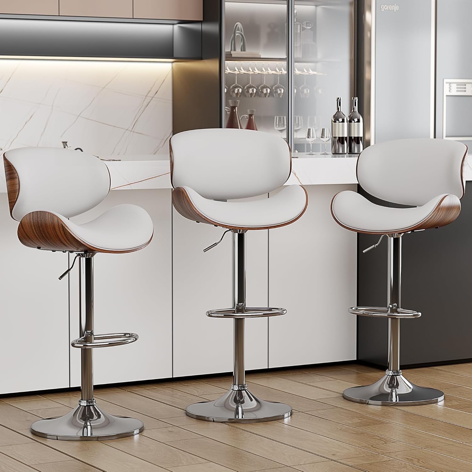 Set of 3 White Adjustable Swivel Bar Stools, PU Leather Upholstery, Mid ...