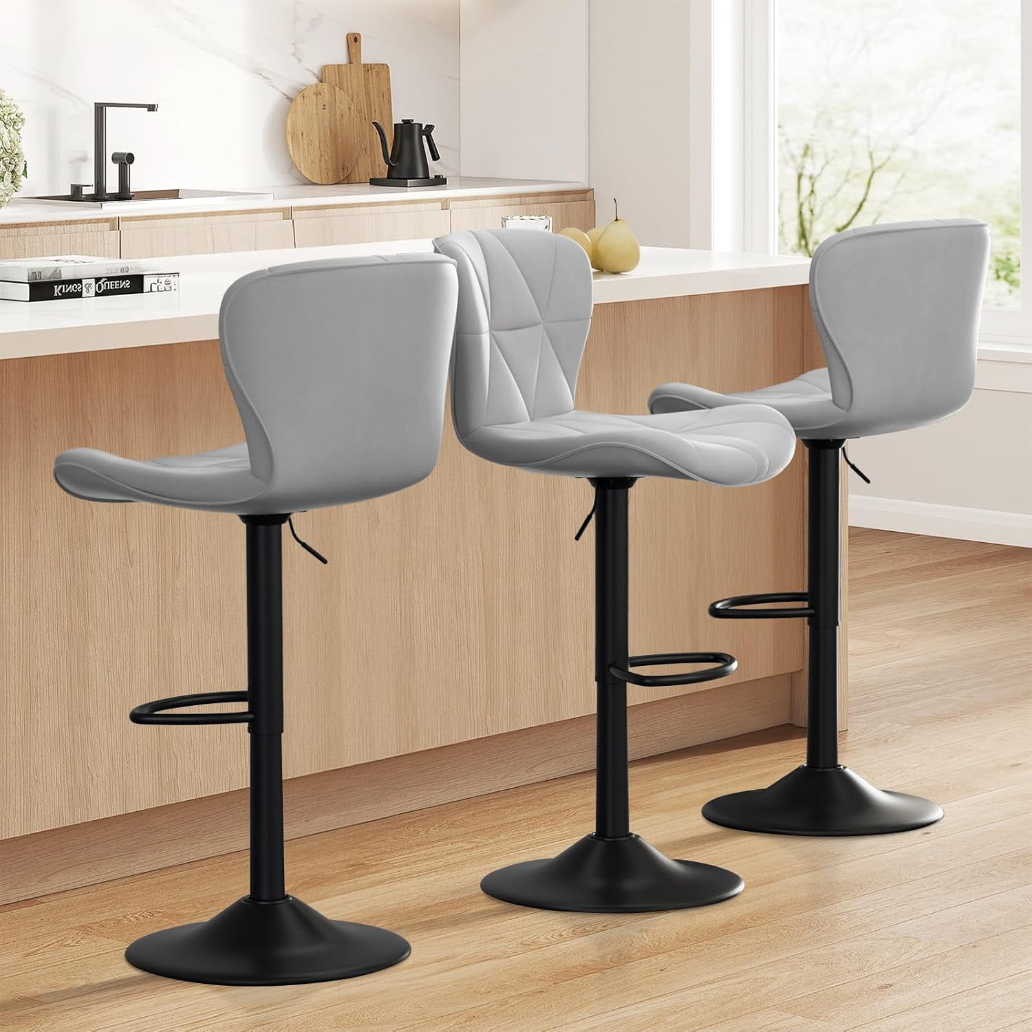 Bar Stools Set of 3,Adjustable Swivel Barstools, Faux Leather Bar ...