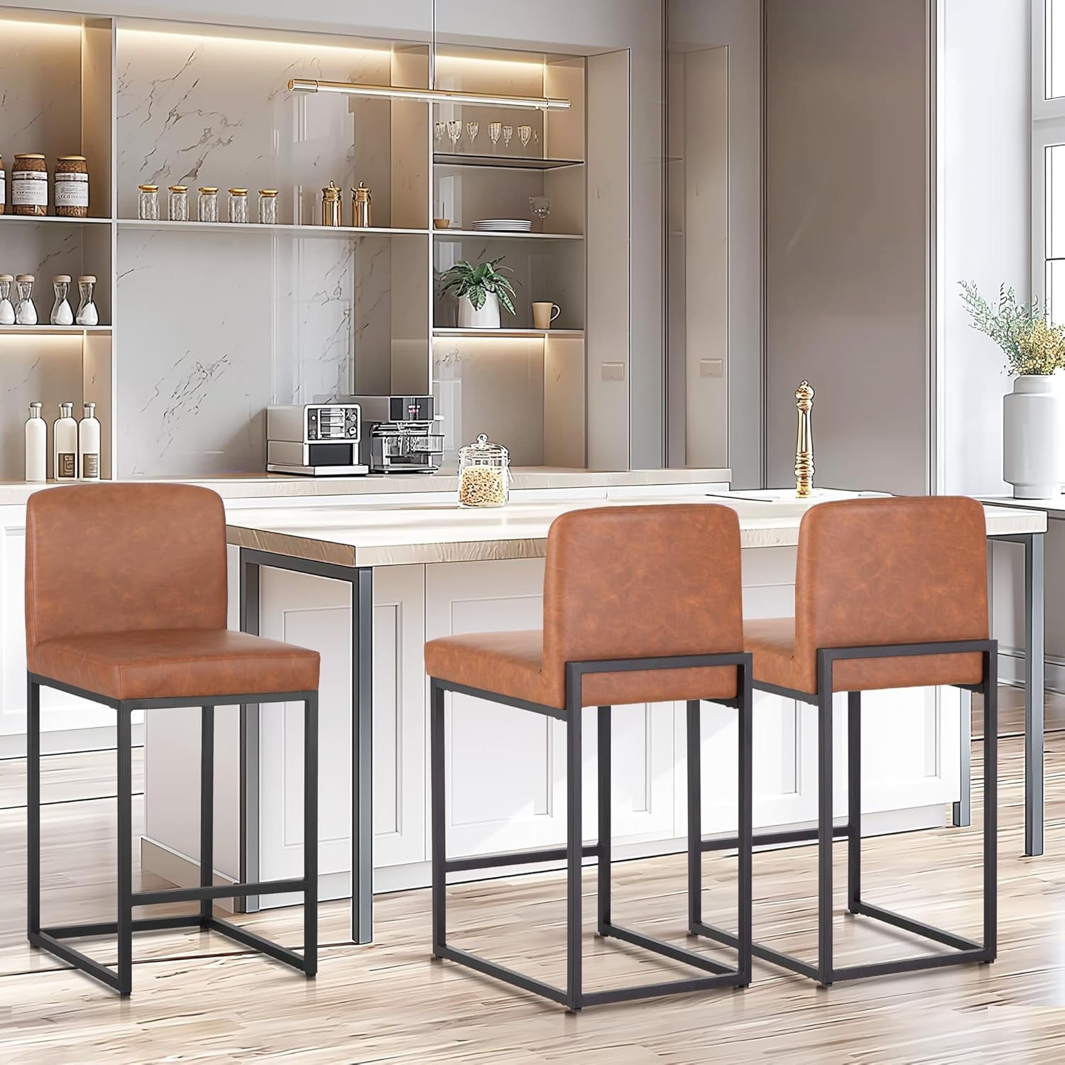 Bar Stools Set of 3, Modern Leather Counter Height Bar Stools, 24 Inch ...