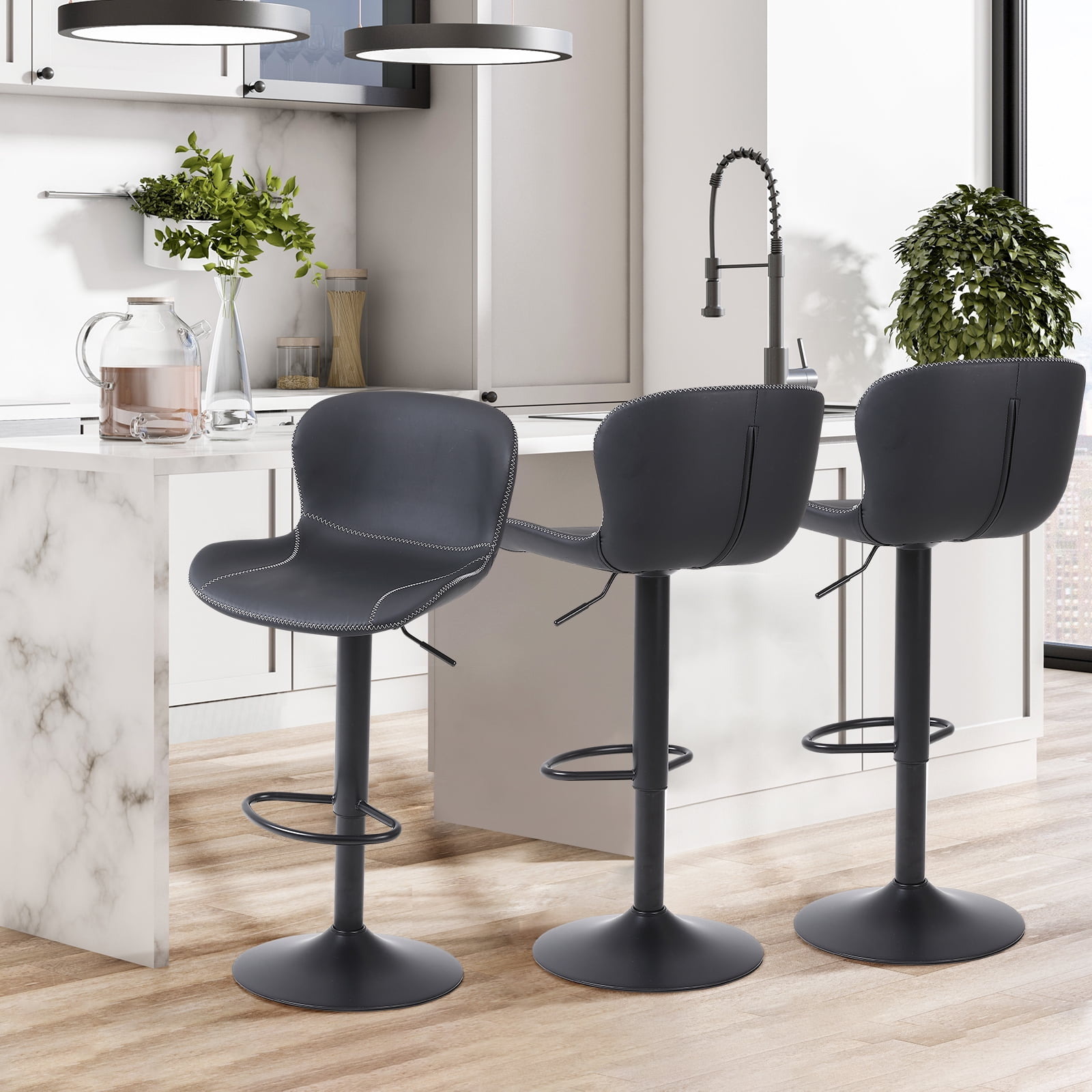 Bar Stools Set of 3, PU Leather Counter Height Barstools with Back ...