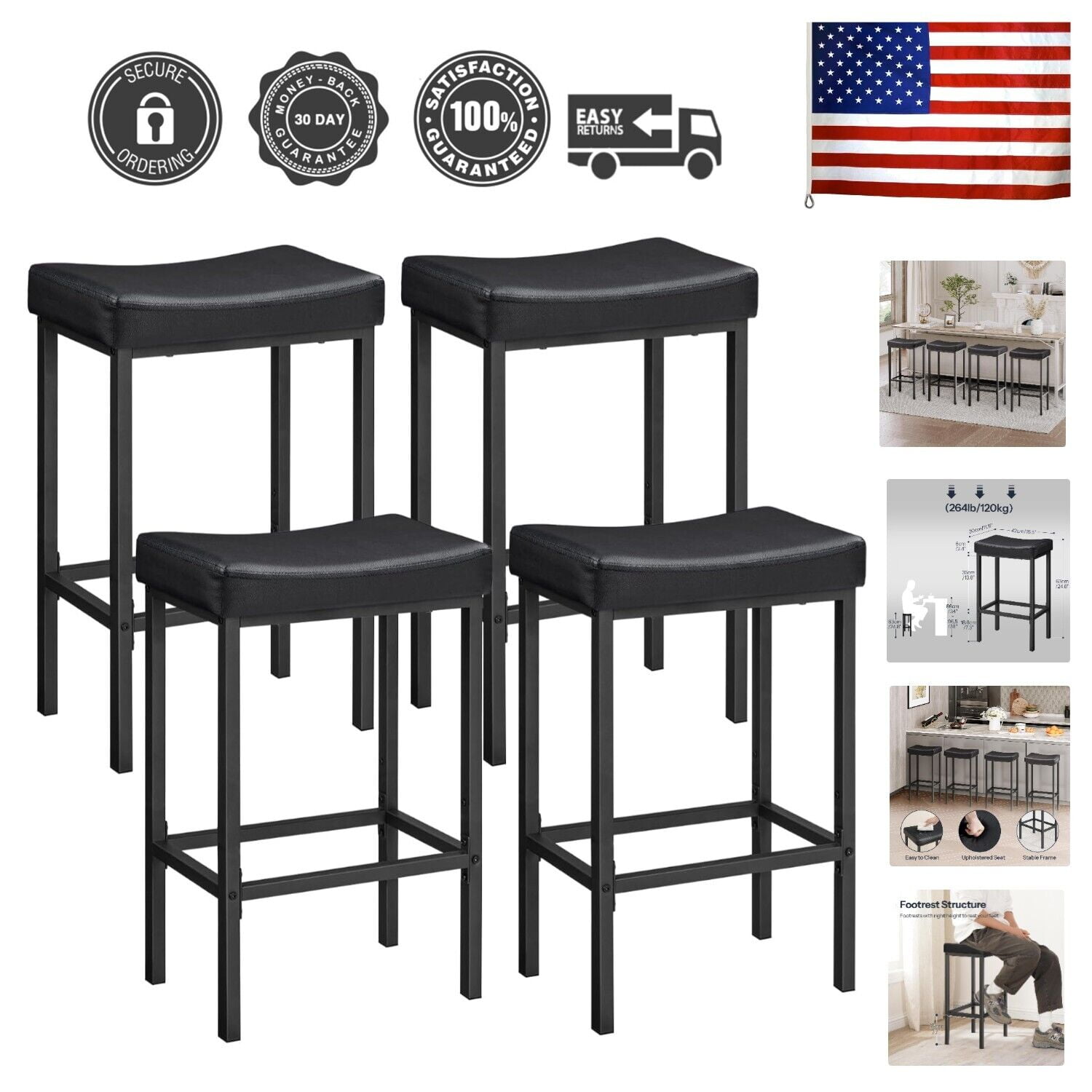 Bar Stools,Set of 4 Bar Chairs, Counter Height Stools, Saddle Stools ...