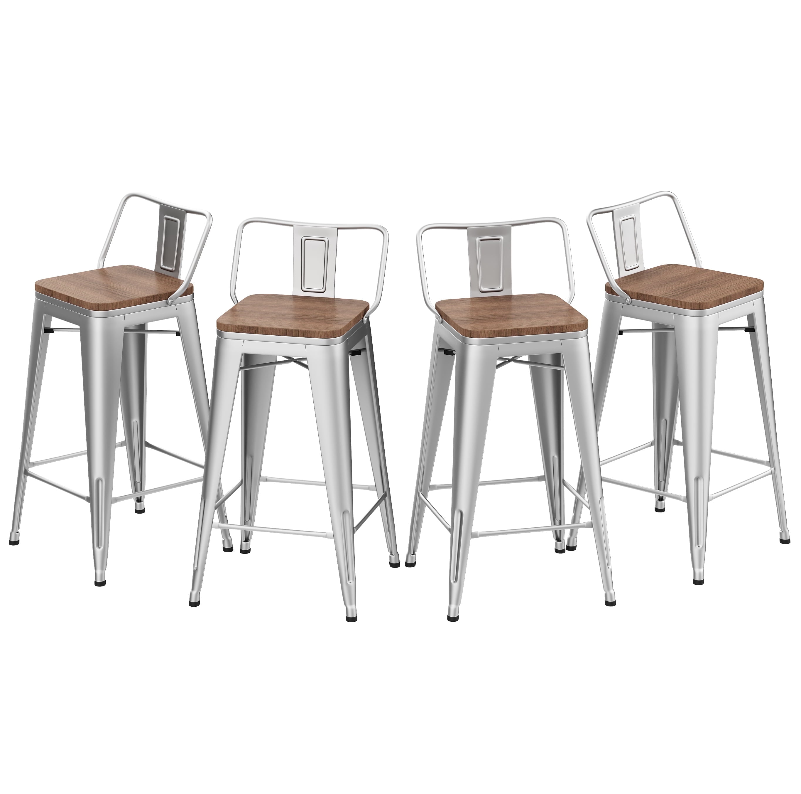 Bar Stools Set of 4 Bar Height Metal Barstools with Wood Seat Low Back ...