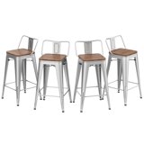 Bar Stools Set of 4 Bar Height Metal Barstools with Wood Seat Low Back ...