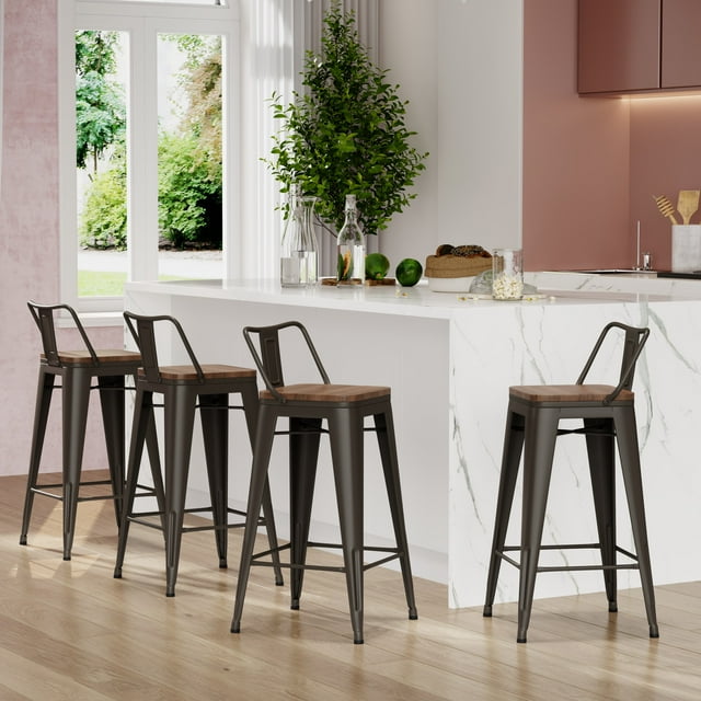 Bar Stools Set of 4 Bar Height Metal Barstools with Wood Seat Low Back ...