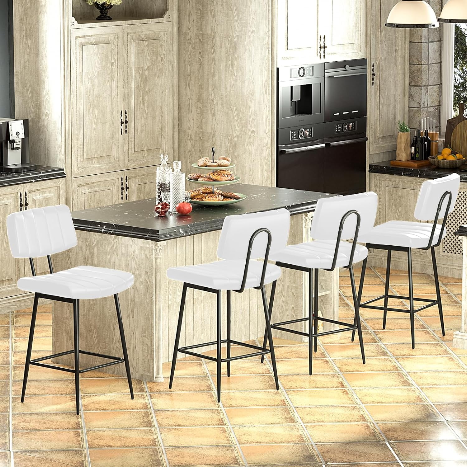 Bar Stools Set of 4, Barstools with Sturdy Legs, Leather Counter Height ...