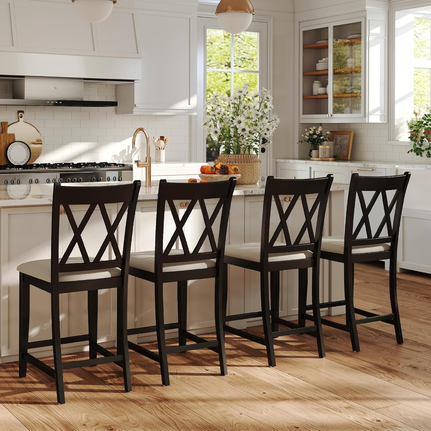 Bar Stools Set of 4 Farmhouse Rustic Counter Stools with Back Wood for ...