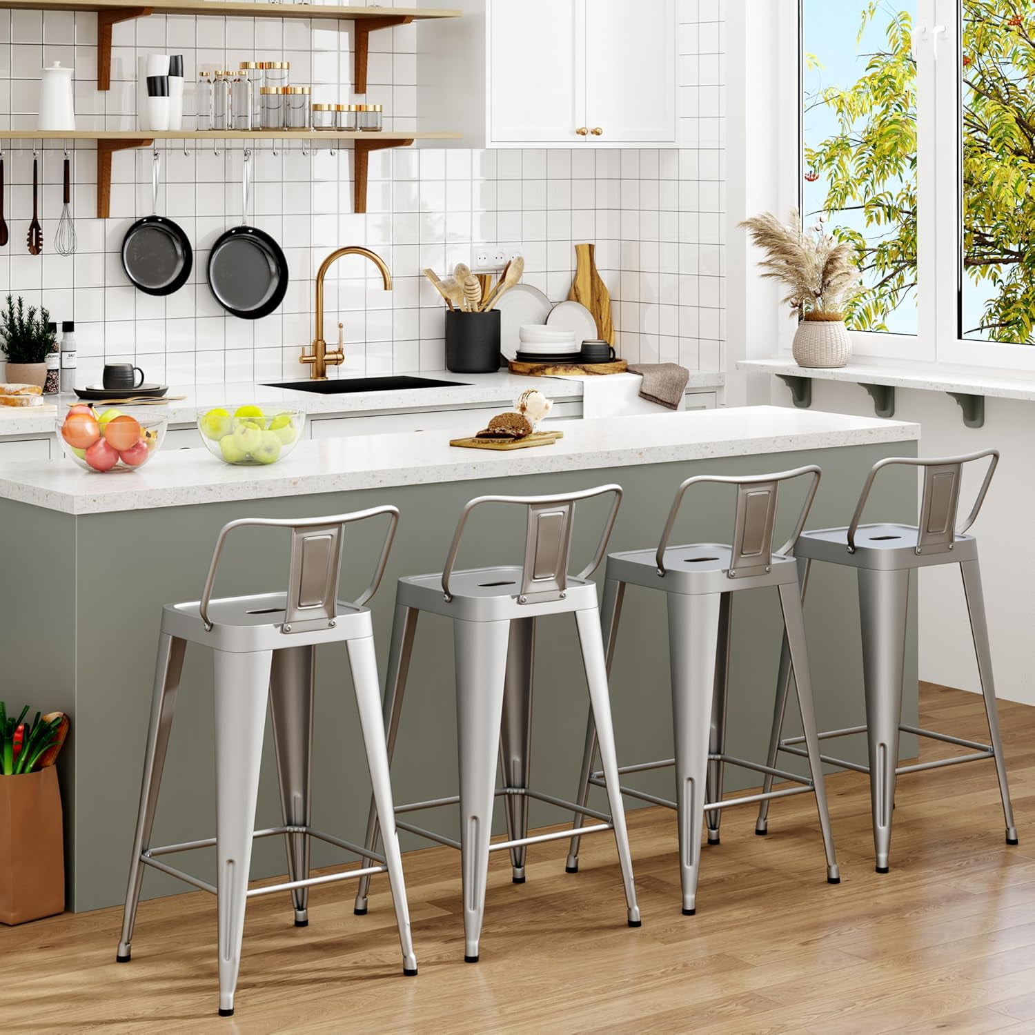 Bar Stools Set of 4 Indoor/Outdoor Counter Height Bar Chairs with 24 ...