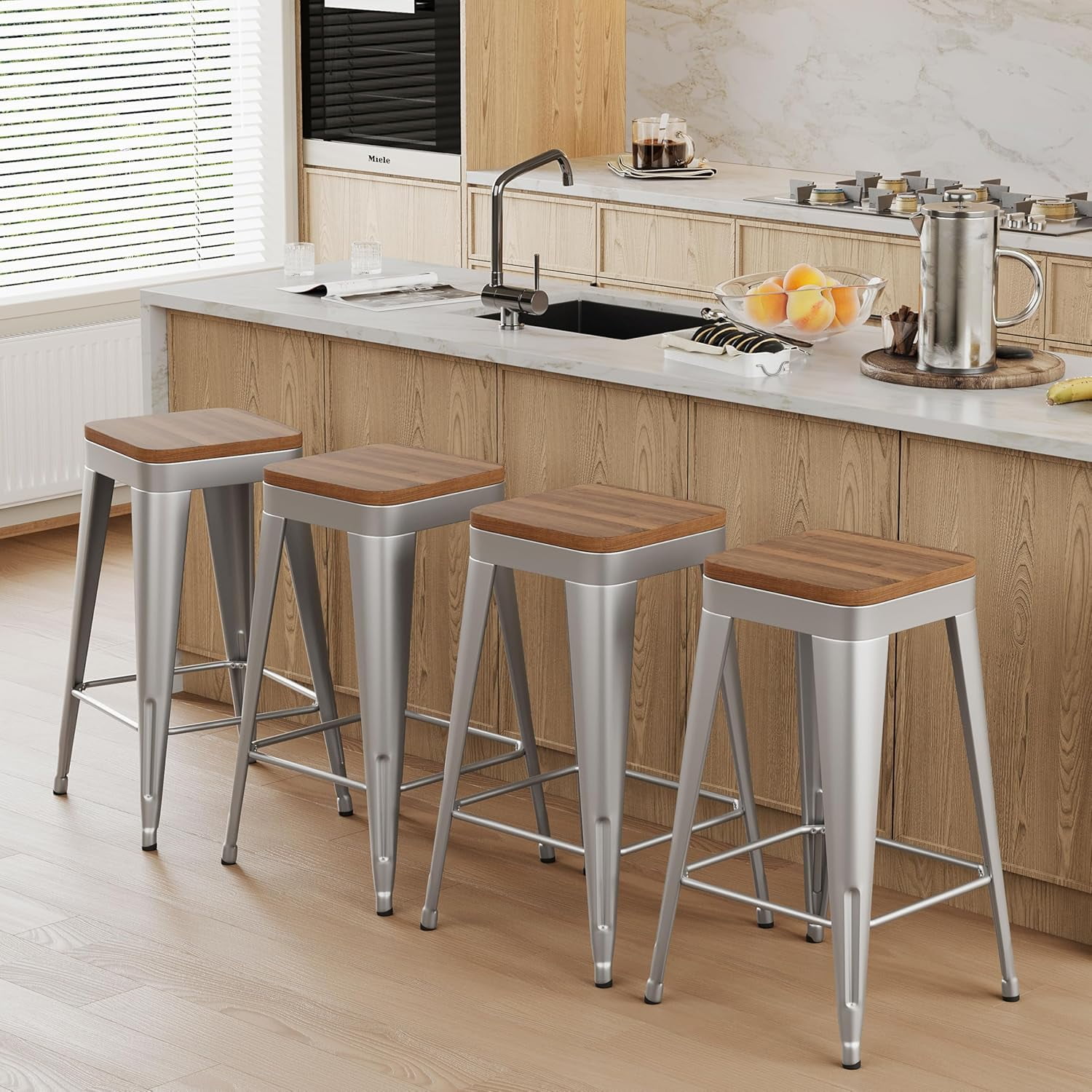 Bar Stools Set of 4 Metal Bar Stool Counter Height Bar Stools Sliver ...
