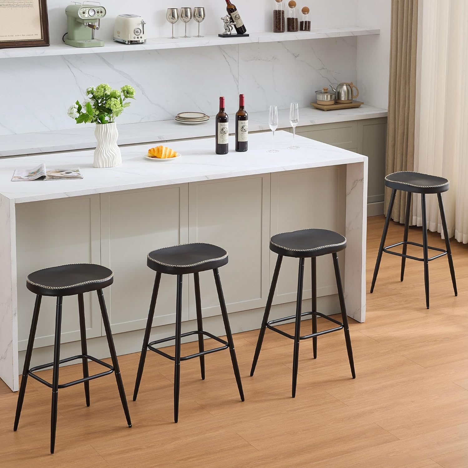 Bar Stools Set of 4, Modern 28 inch Bar Height Stools, Black Faux ...