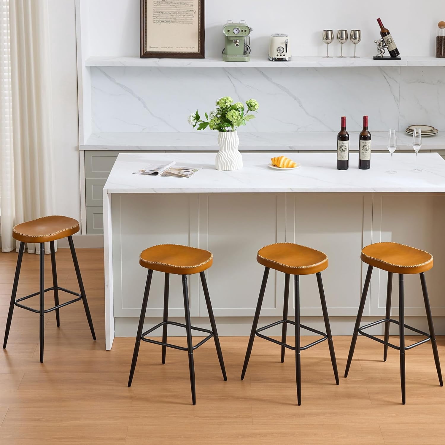 Bar Stools Set of 4, Modern 28 inch Bar Height Stools, Faux Leather ...