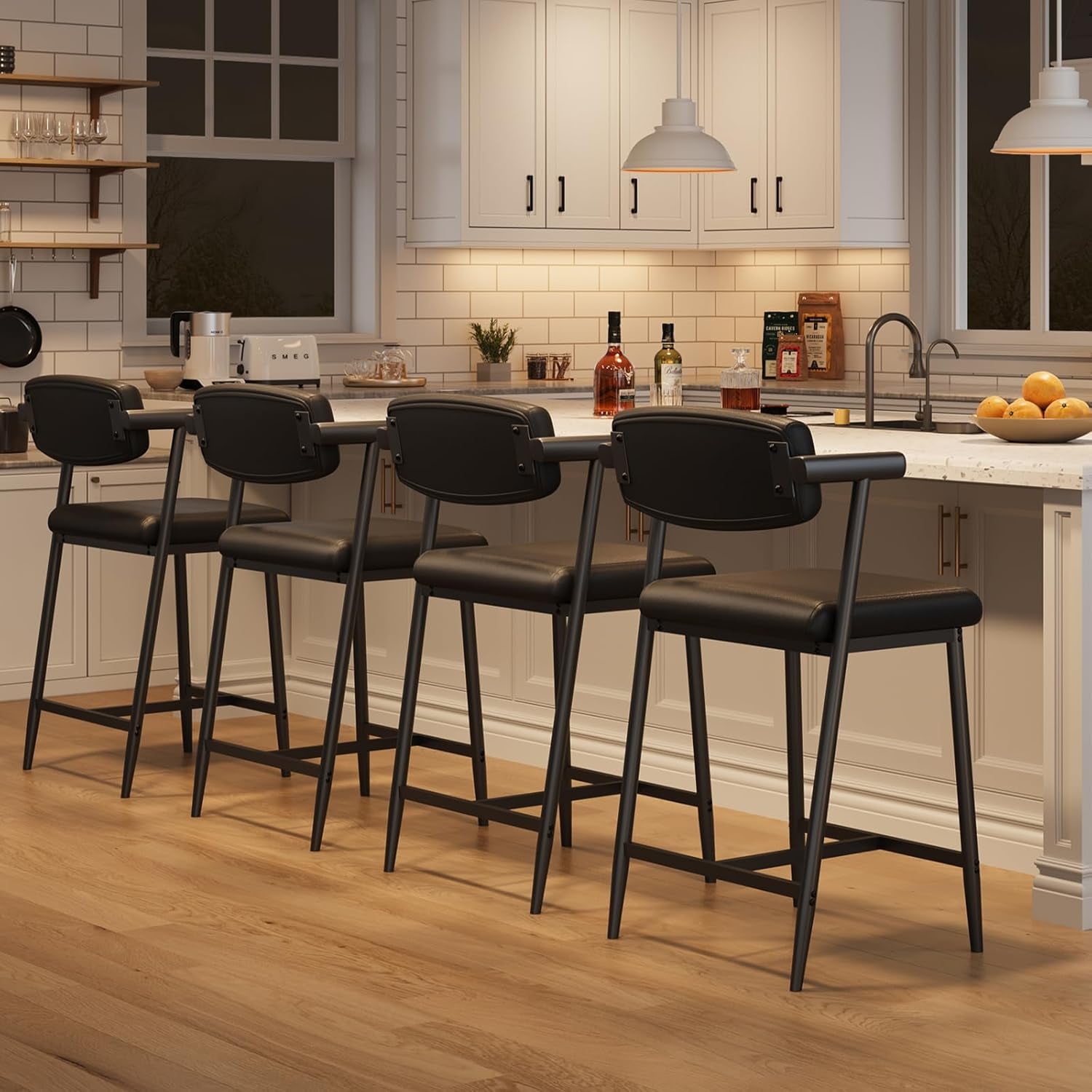 Bar Stools Set of 4 with Armrests, Counter Height Footrest & Soft Back ...