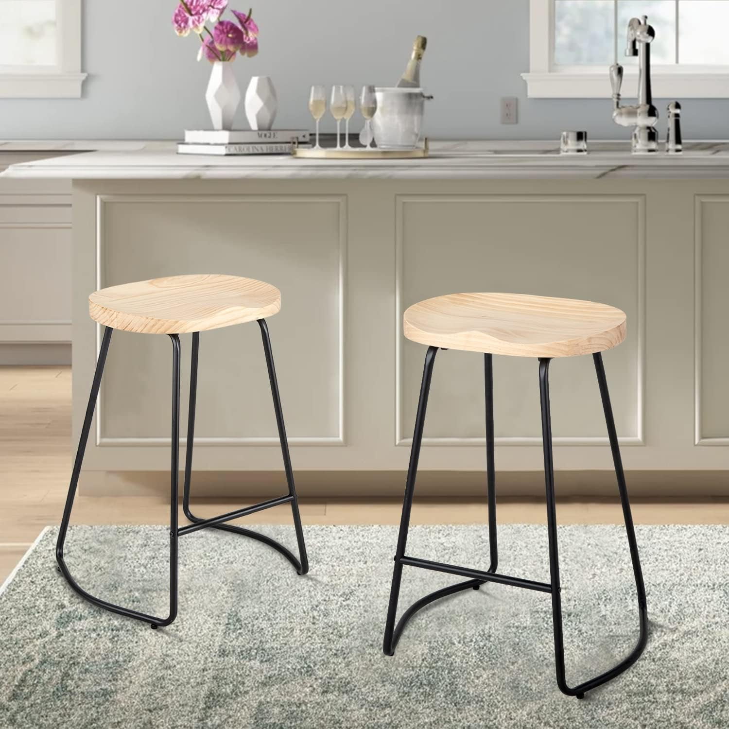Bar Stools, Solid Barstools Set of 2, 26" Counter Height Bar Stools ...
