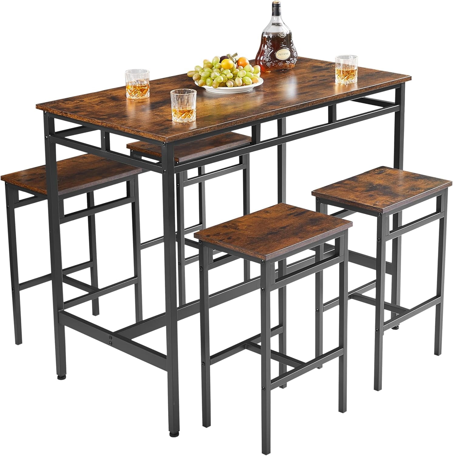 Bar Table and 4 Chairs Set, Industrial Style Bar Stools Seat with ...