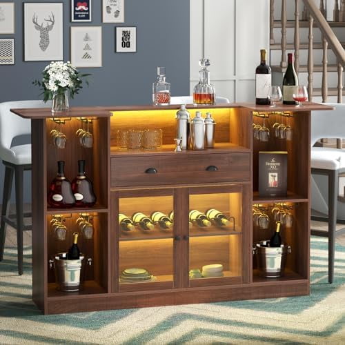 Bar Table Cabinet with LED & Drawer,Mini Liquor Bar with 8-Tier Storage ...