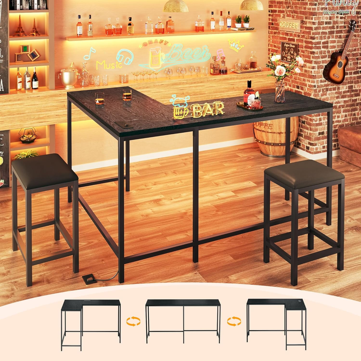 Bar Table and Chairs Set for 2-4, 63'' Convertible L-Shaped Kitchen ...
