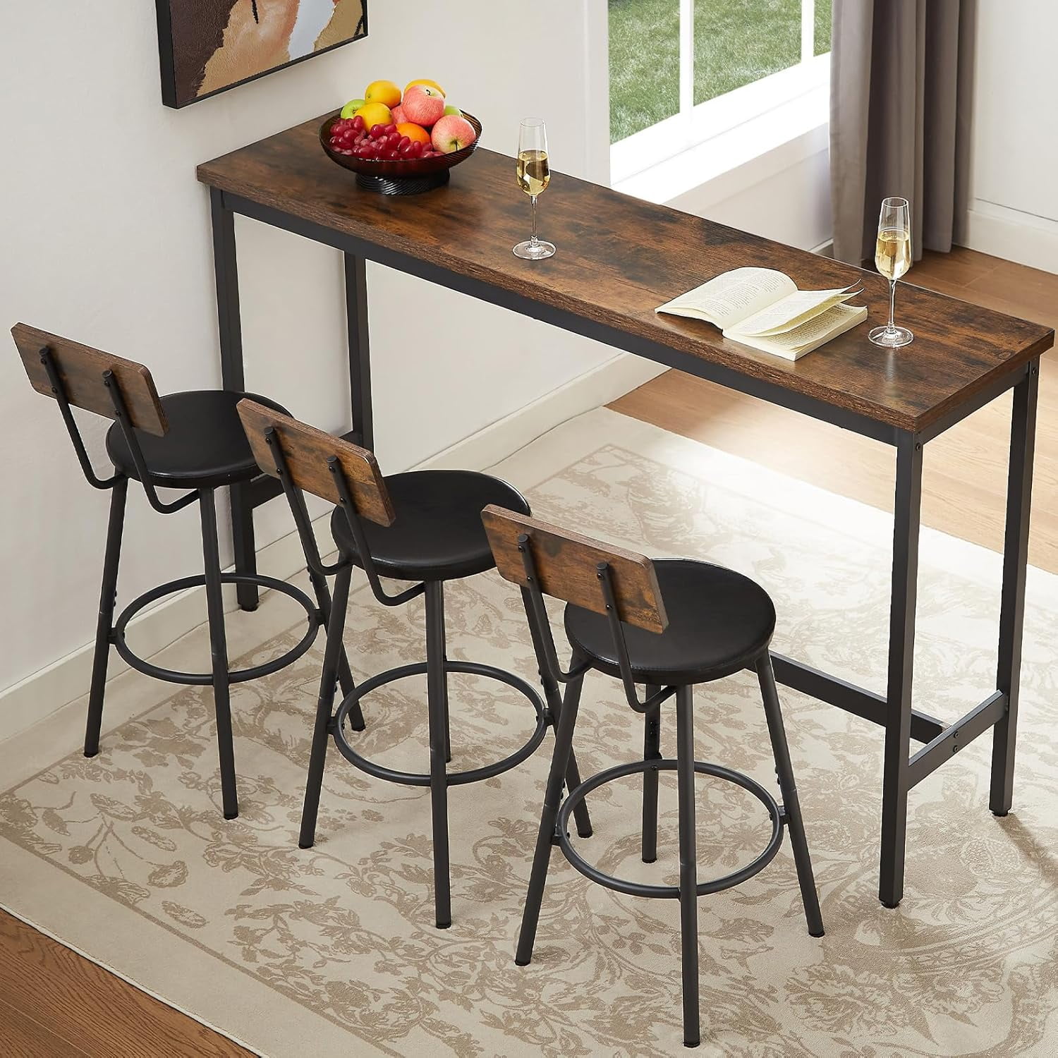 Bar Table and Chairs Set for 3, 63" L Rectangle Bistro Pub Table with 3 ...