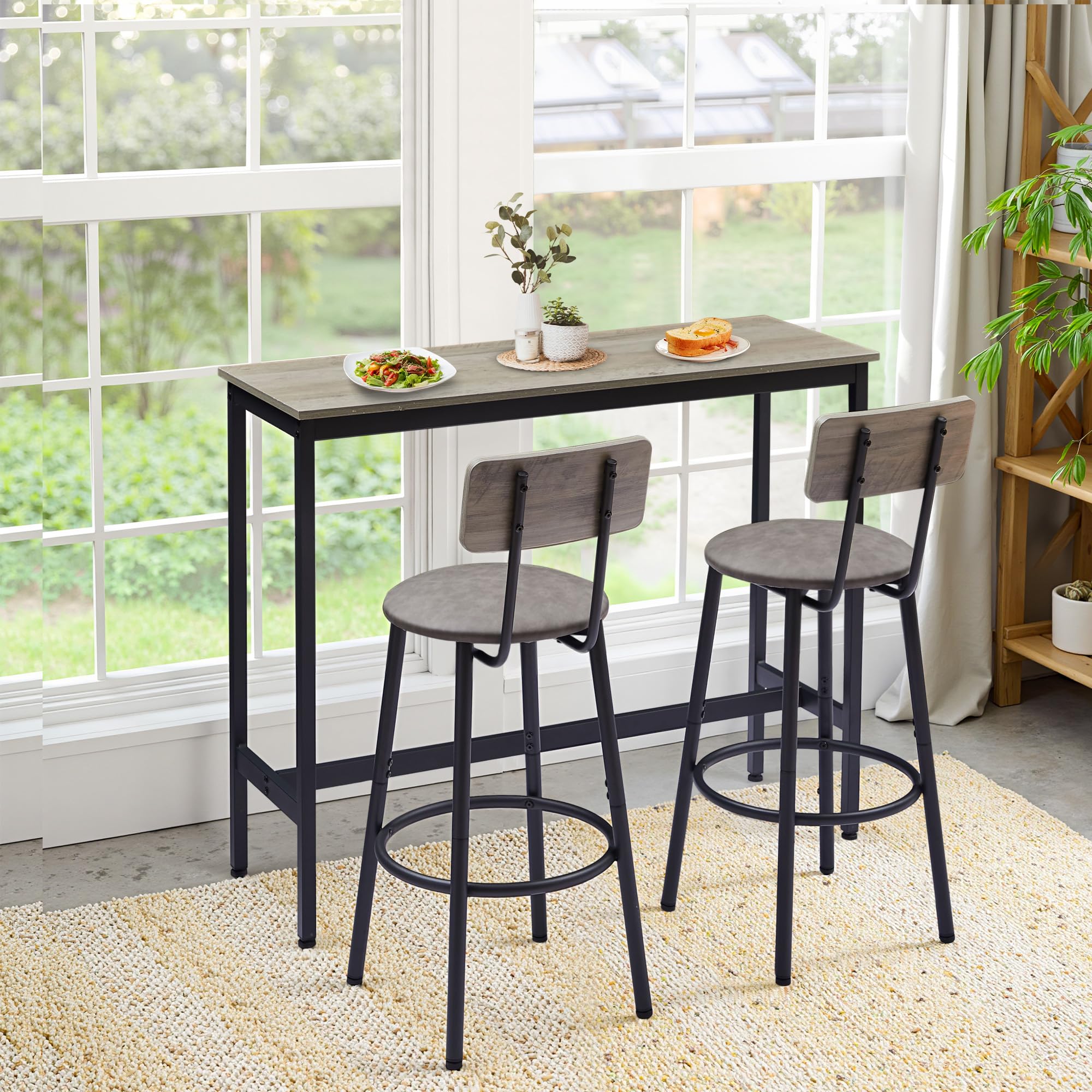 Bar Table and Chairs Set, 3 Pieces Upholstered Stool with Backrest and ...