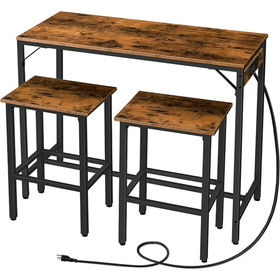 Bar Table and Chairs Set, 39.4" Dining Table Set with Power Outlet, 3 ...