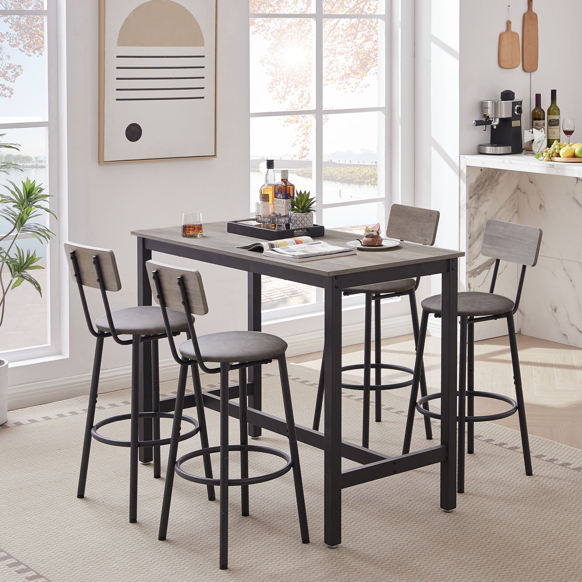 Bar Table and Chairs Set for 4, 5-Piece Rectangle Pub Bistro Table and ...
