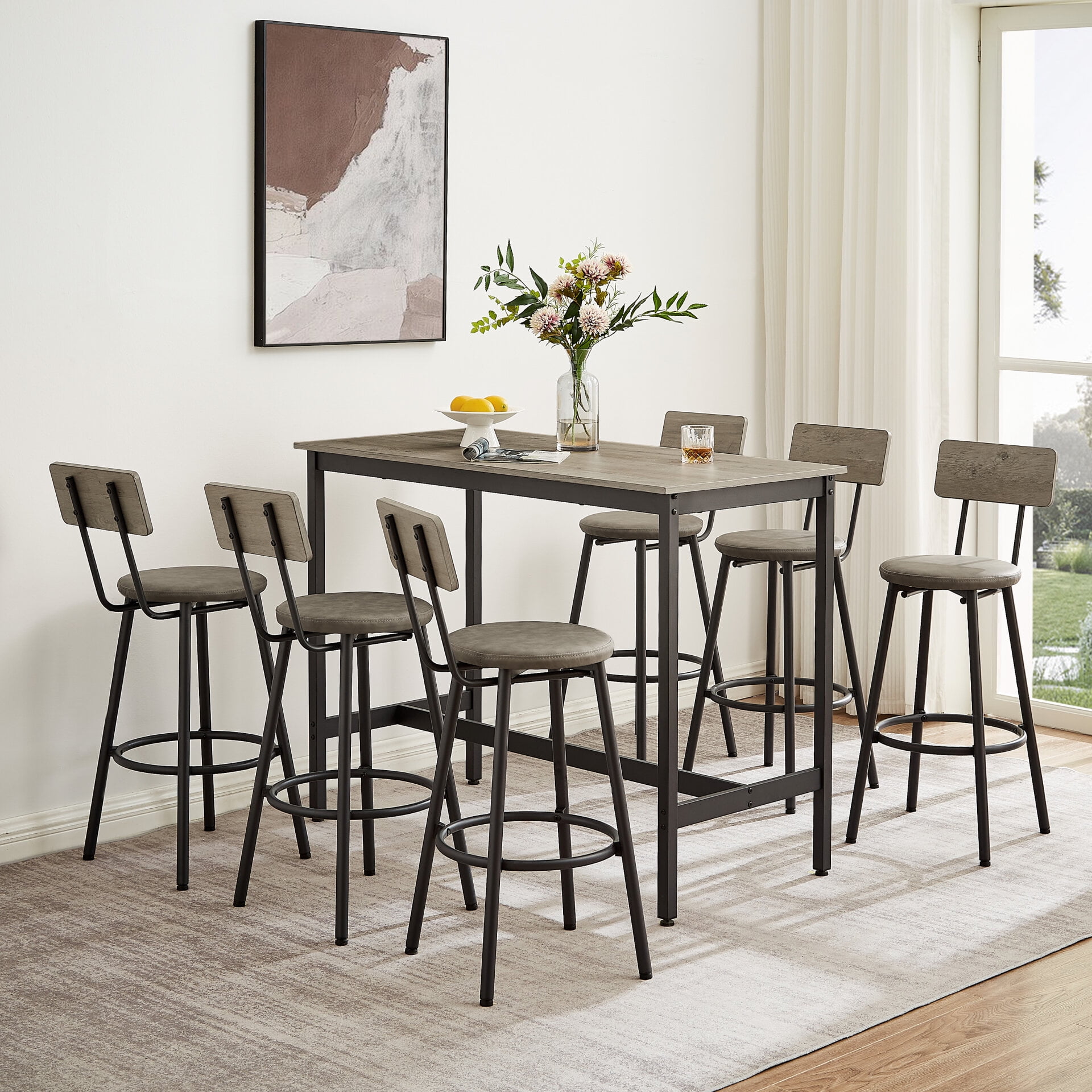 Bar Table and Chairs Set for 6, 7-Piece Counter Height Dining Table Set ...