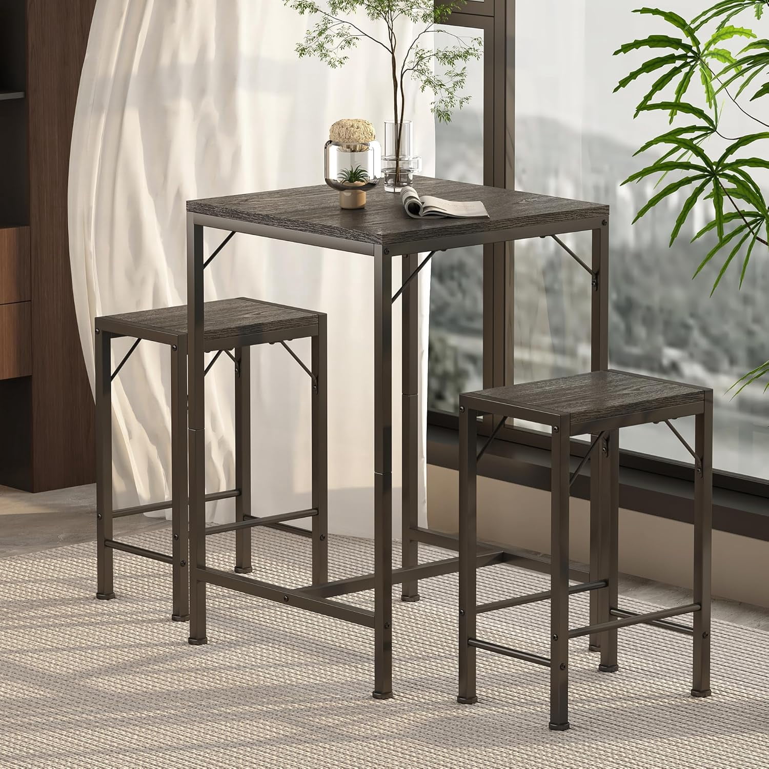Bar Table and Chairs Set, Square Bar Table with 2 Stools, Space-Saving ...