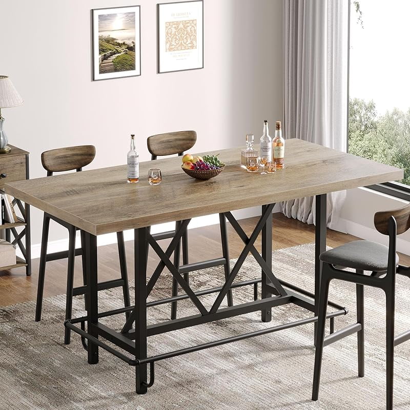 Bar Table, Industrial Counter Height Pub Table with Metal Footrest, 63 ...