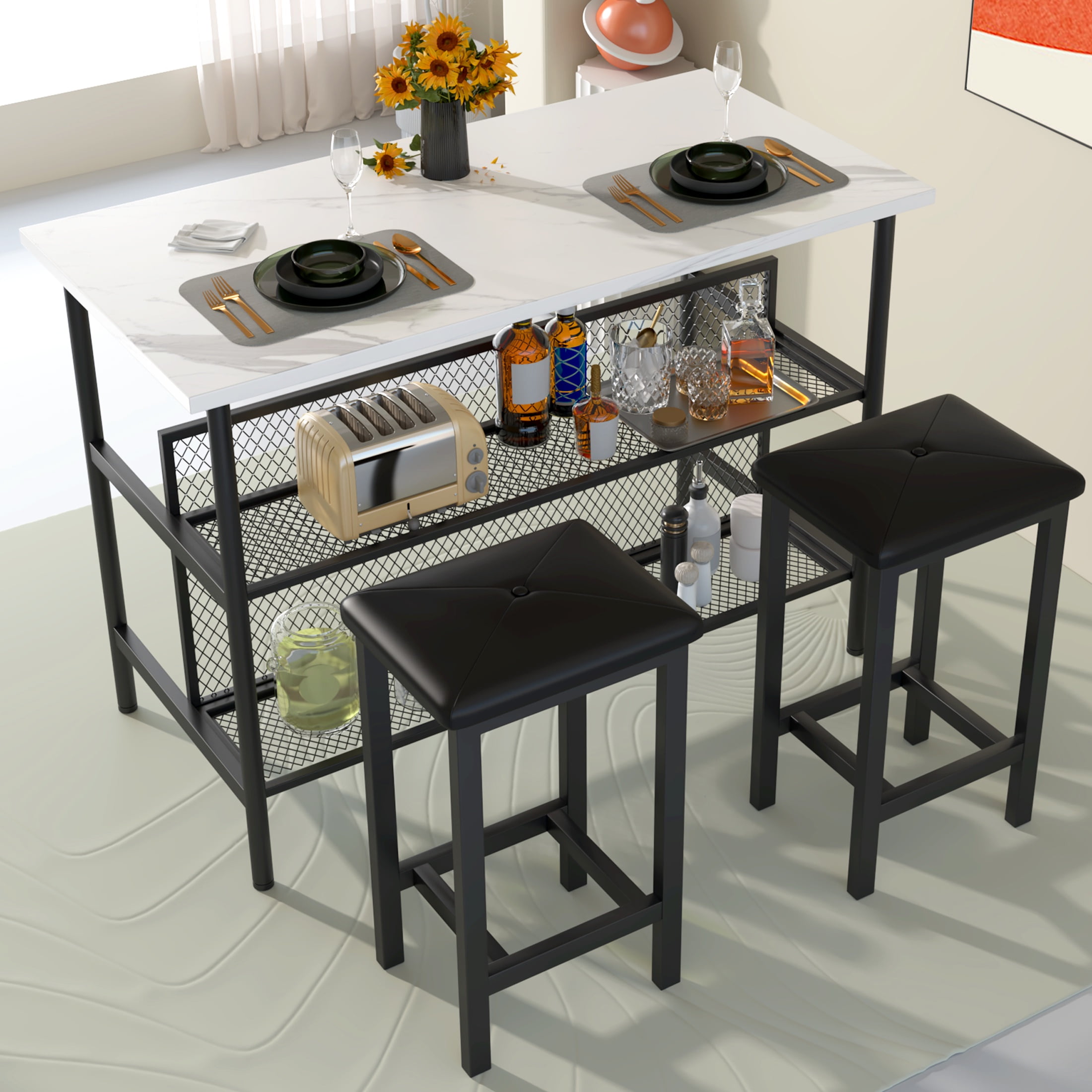 LEGAHOME Bar-style Kitchen Island Set with 2 Stools and Storage ...