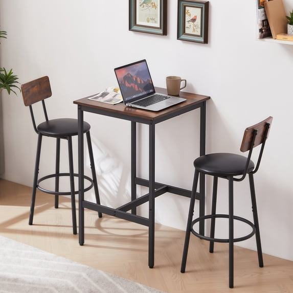 Bar Table Set for 2 with PU Cushioned Stools & Backrest, Space Saving ...