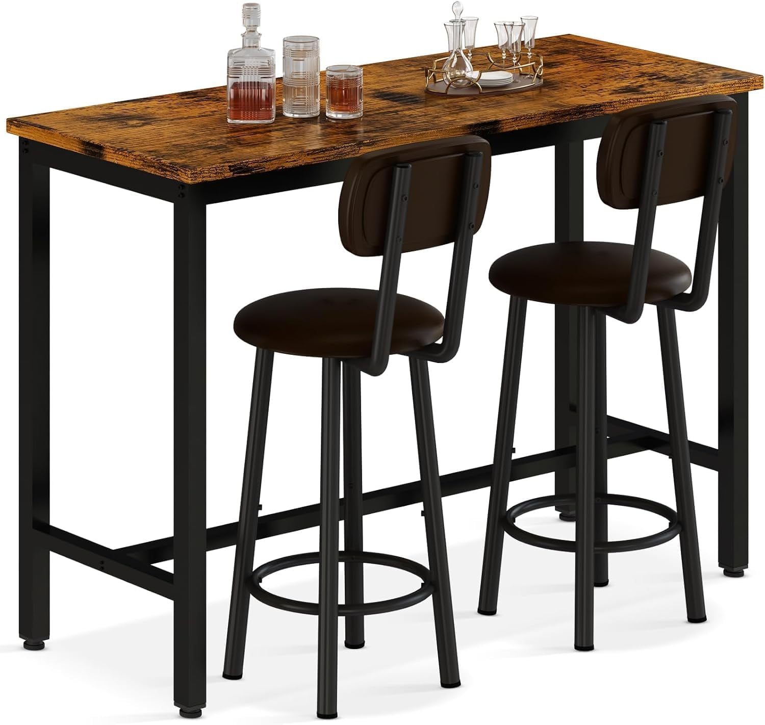 Bar Table Set of 2,Pub Height Table & 2 PU Upholstered Stools with ...
