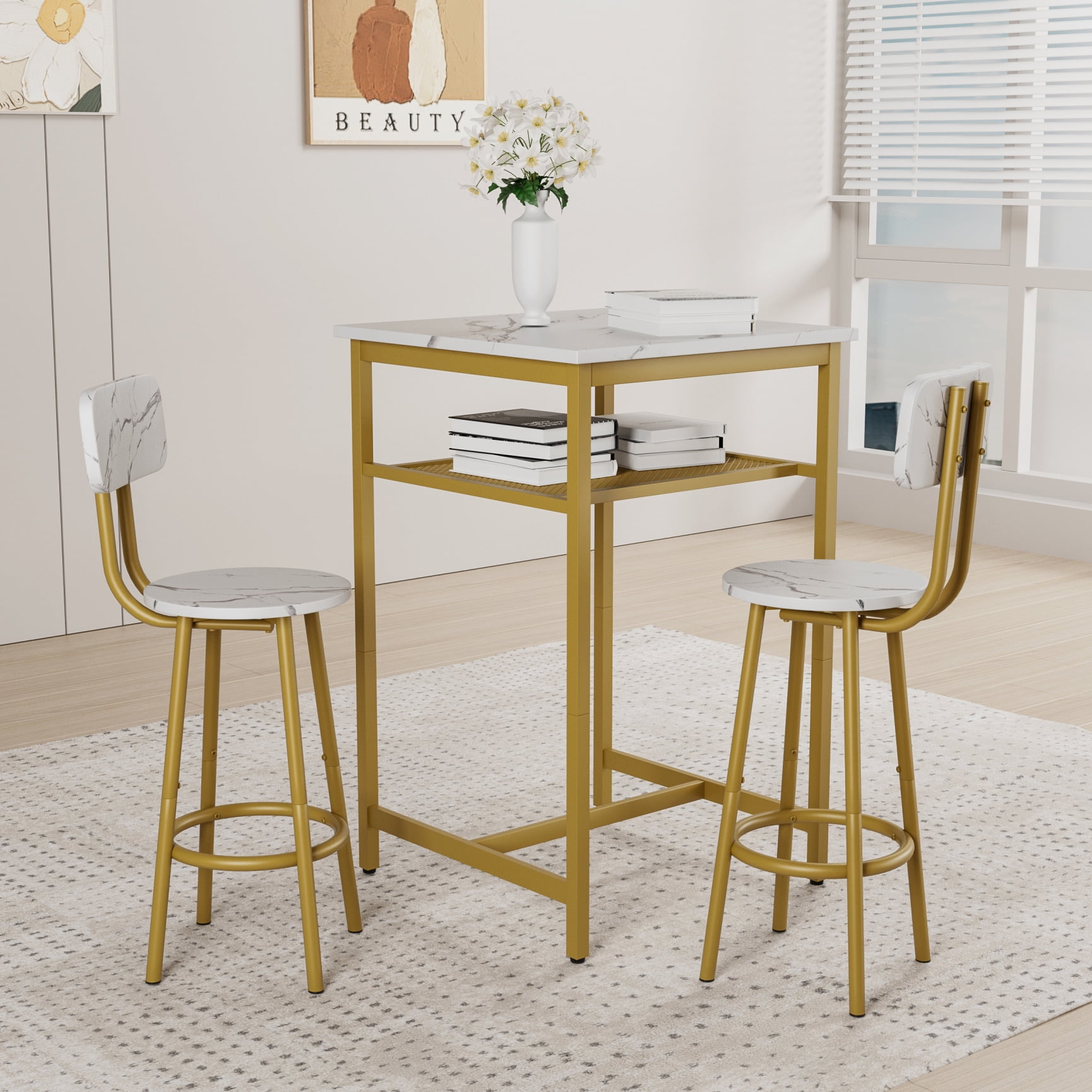 Bar Table Set with 2 Stools, Industrial Counter Height Bistro Dining ...