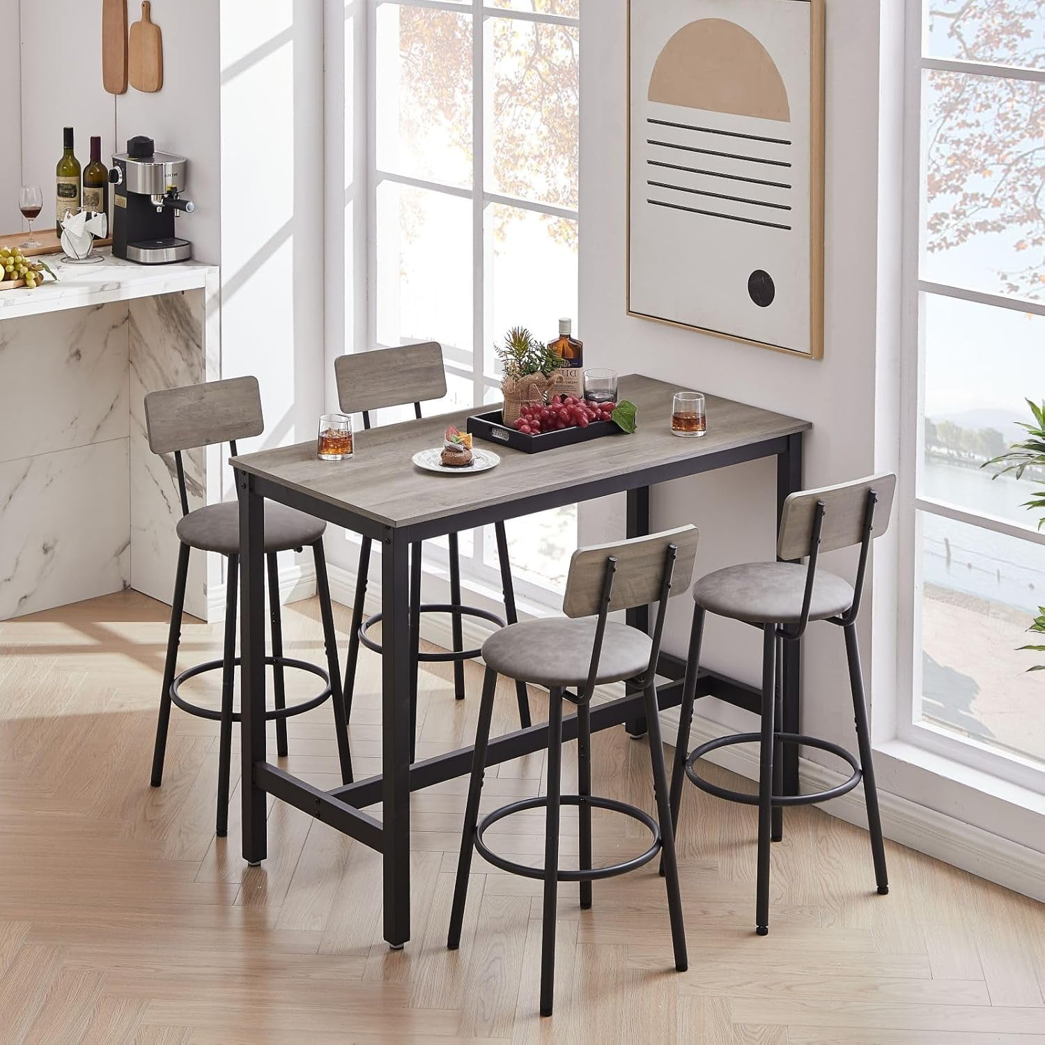 Bar Table Set with 4 Bar stools PU Soft seat with backrest, 47.2 ...
