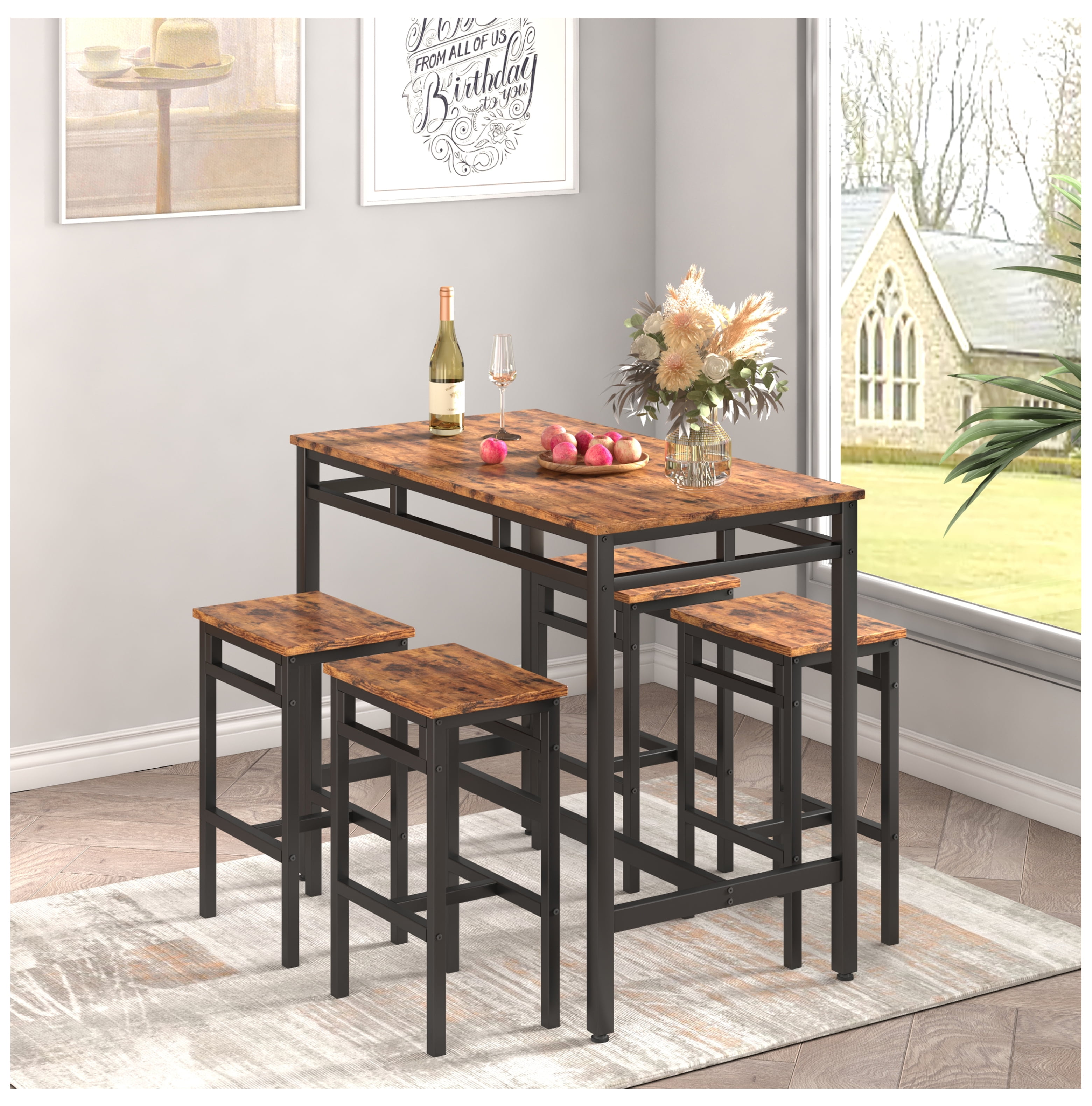 Bar Table Set 5PC, Industrial Style Dining Table with Stools, Rustic Brown, 43.31'' L, Kitchen ...