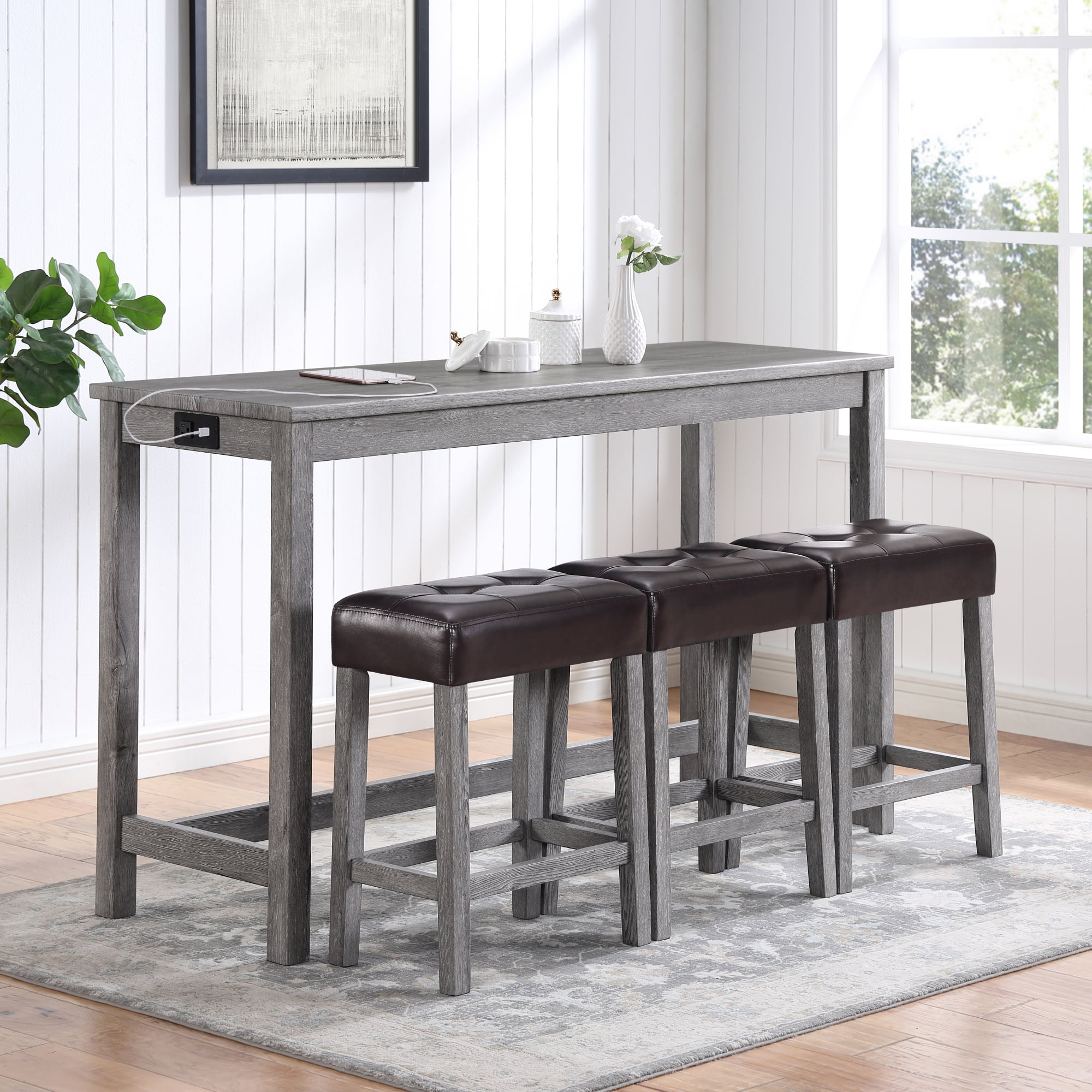 Bar Table Set with Power Outlet, Bar Table and Chairs Set, 4 Piece ...