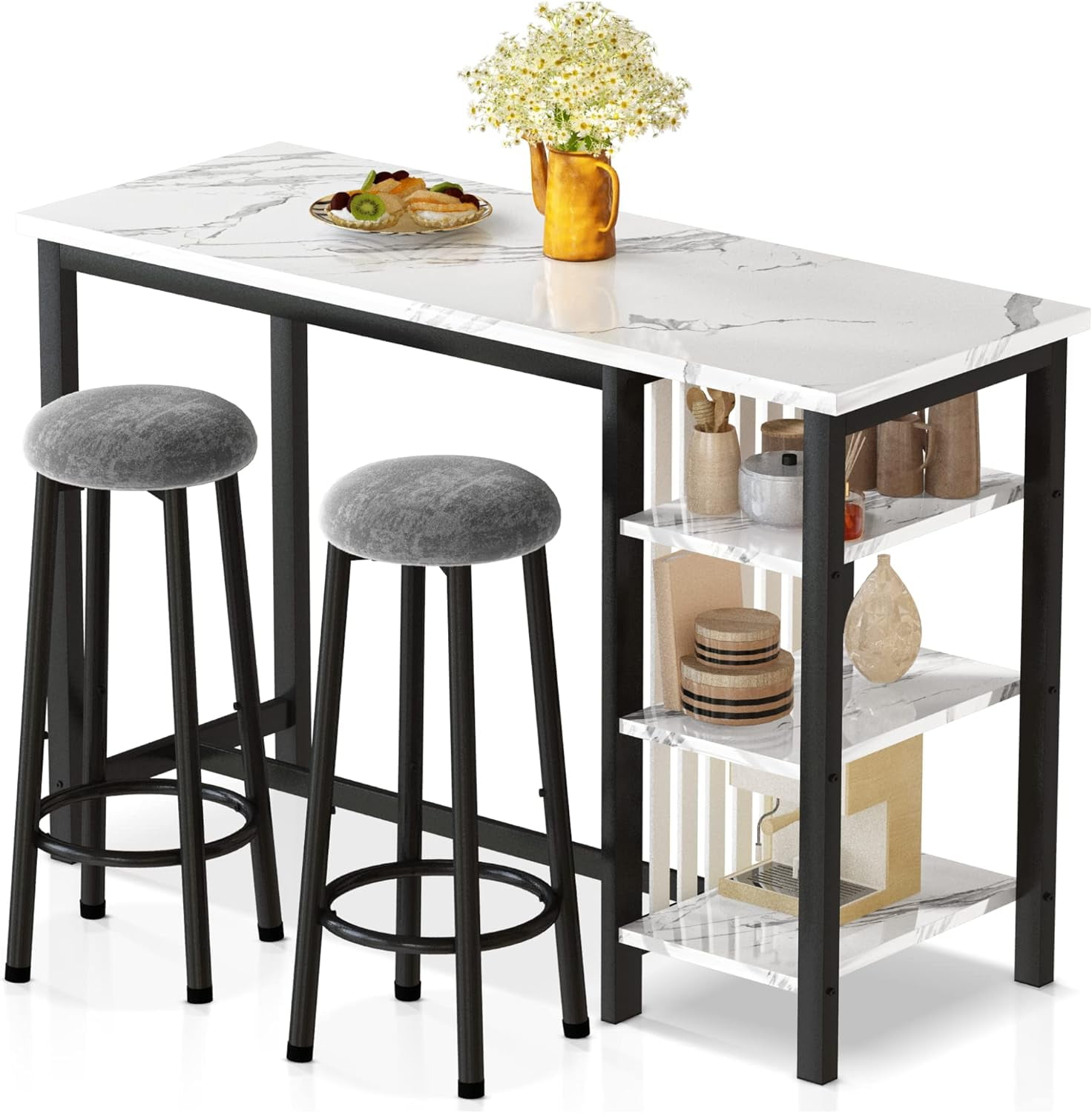 Bar Table Set with Storage Shelves, 47" Modern White Faux Marble ...
