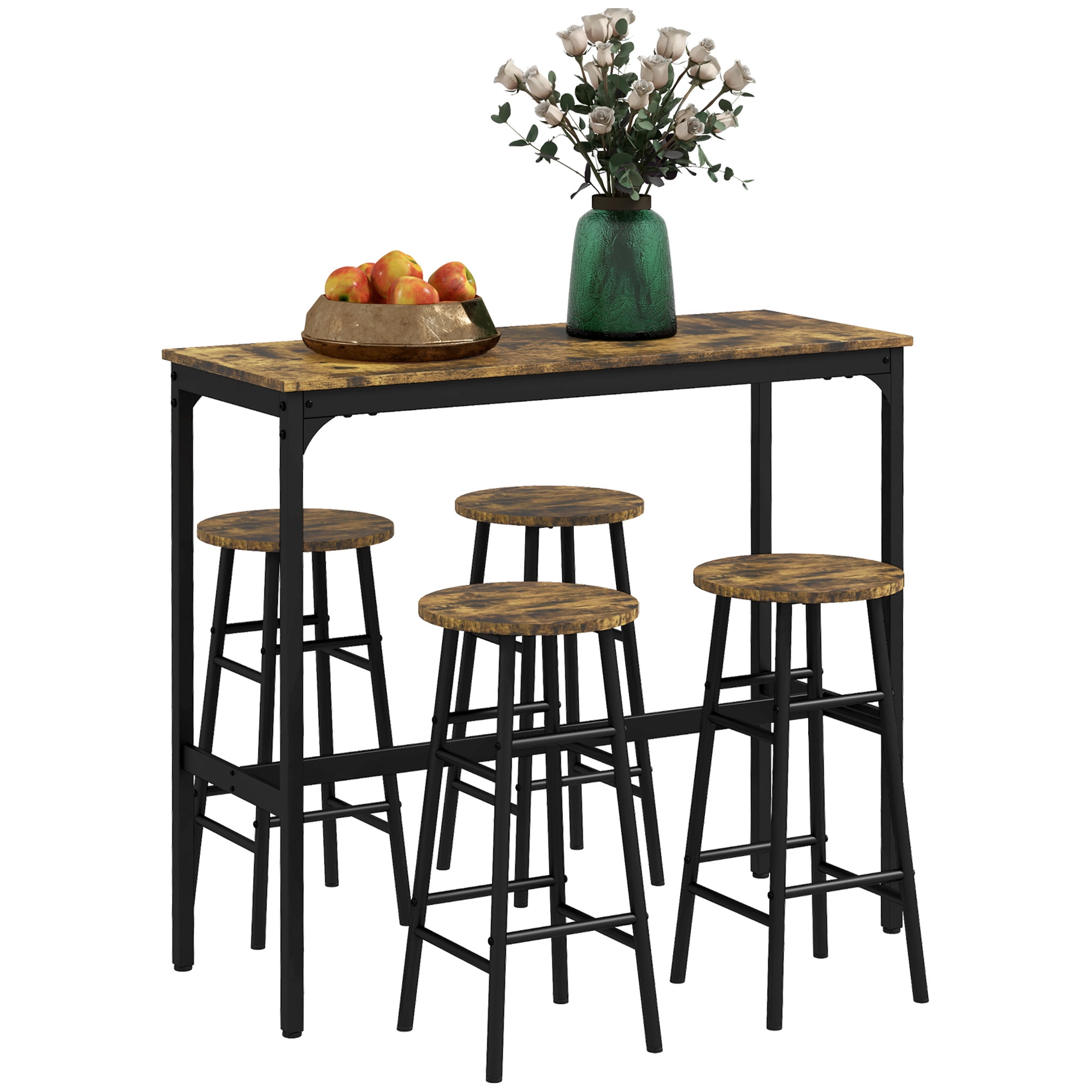 Bar Table Set for 4, Industrial High Top Table with Bar Stools, 5-Piece ...