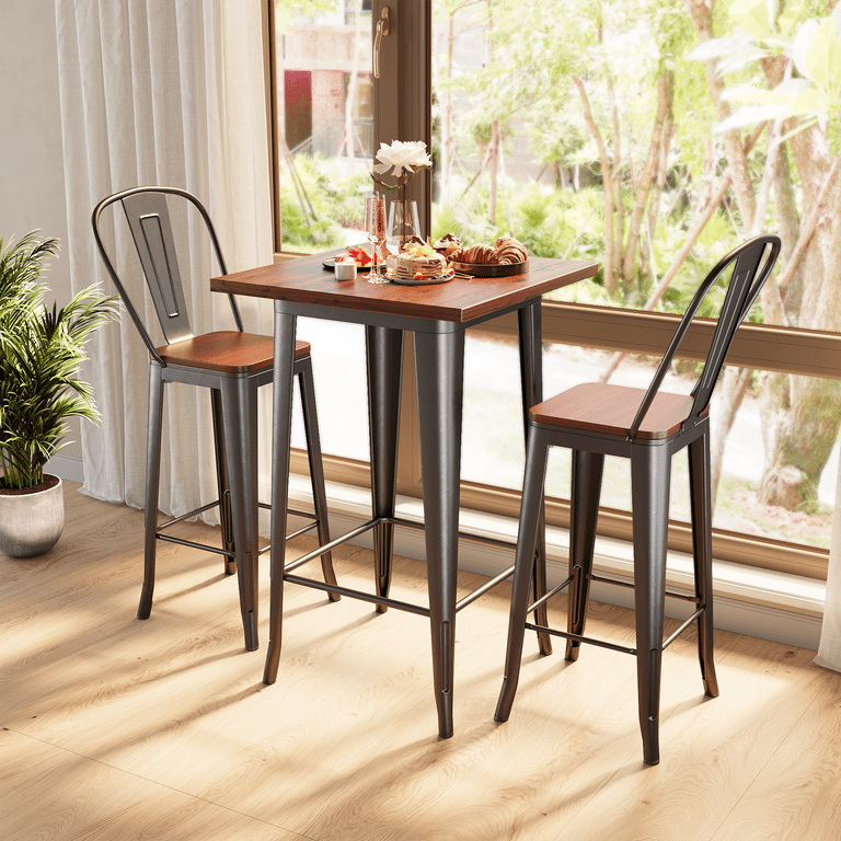 42 inch Bar Table with 2 High Back Chairs Modern Bar Table 3 Piece Set Brown