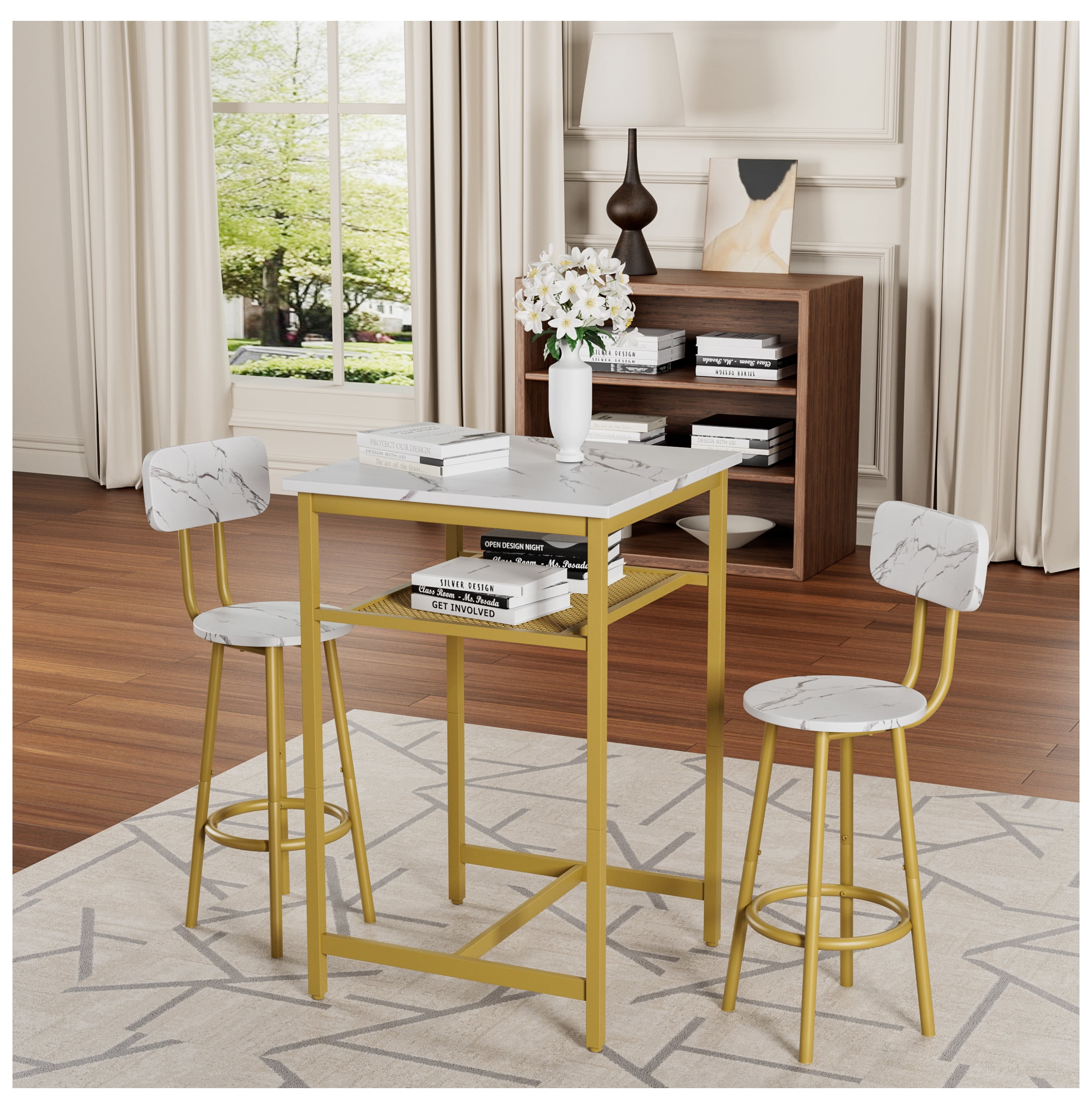 Bar Table Set of 3 - Counter Height Table with 2 Stools - White and ...
