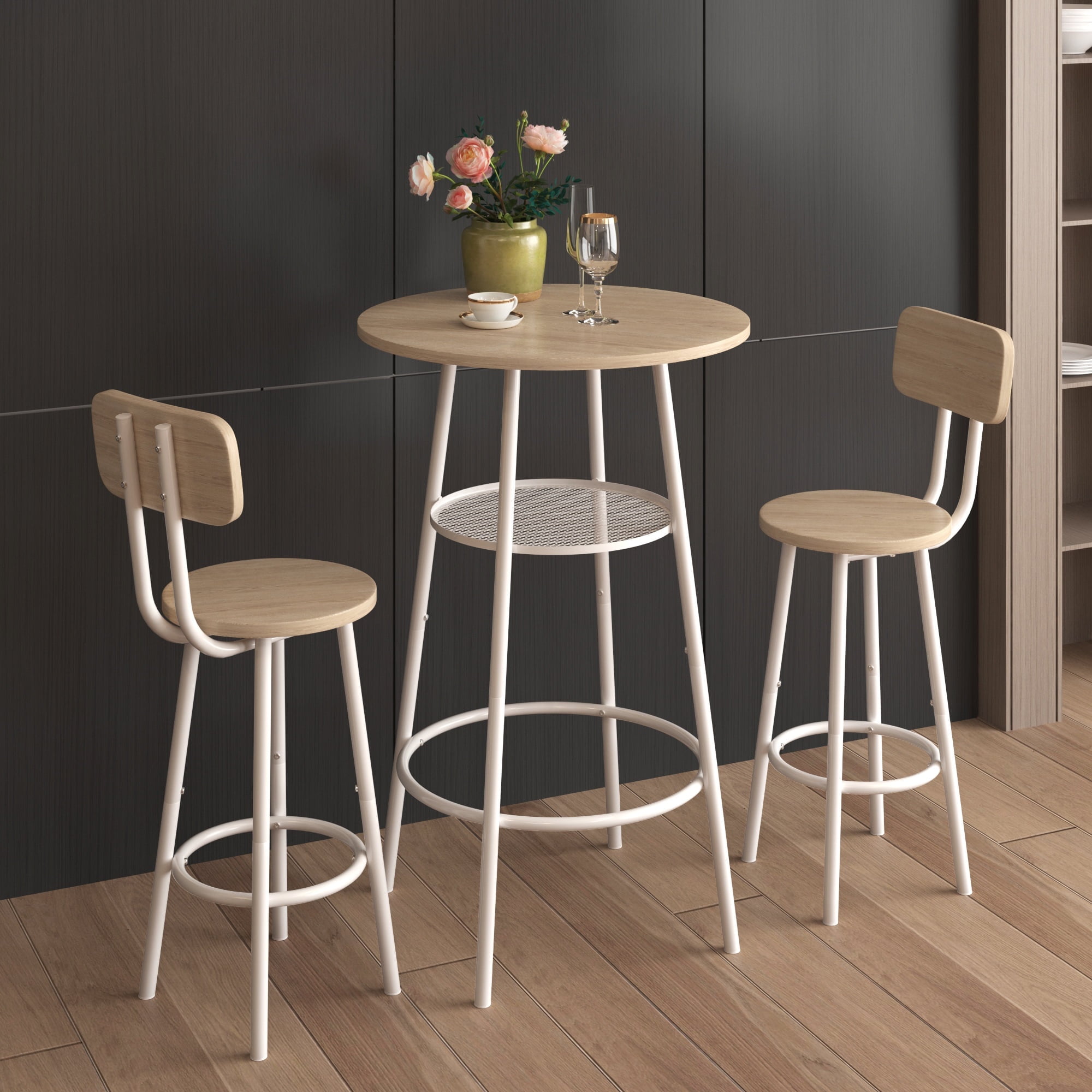 Bar Table Set of 3, Round Hight Bar Table and Chair Set, Space Saving ...