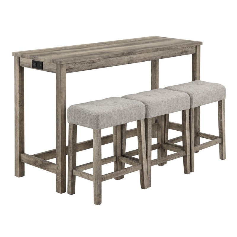 Bar Table Set with 3 Stools and Power Outlet Brown Table & Grey Stools ...