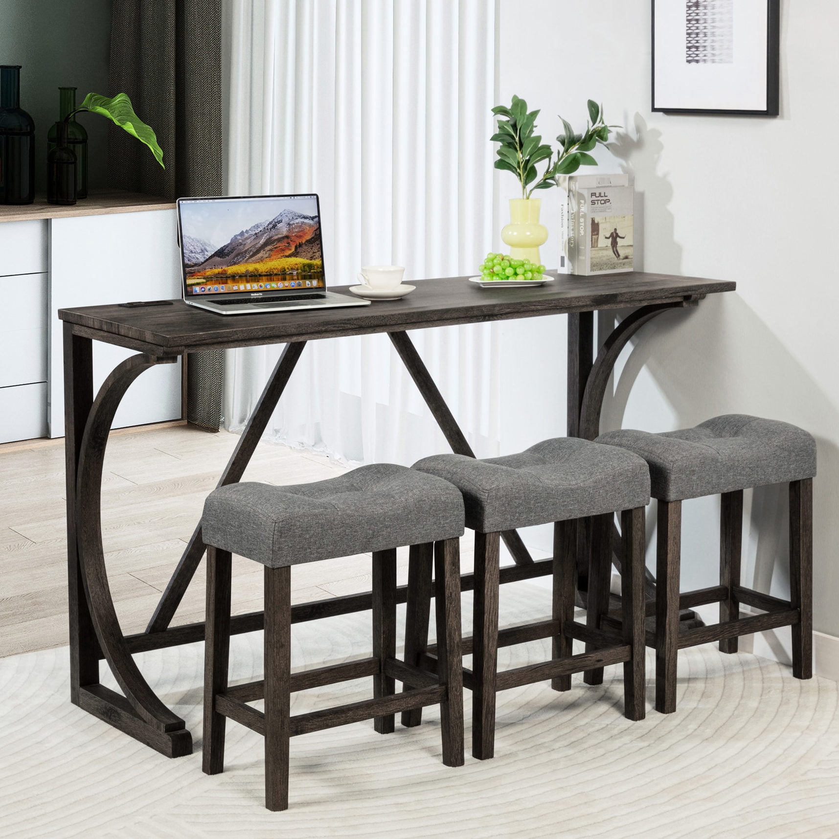 Bar Table Set with USB & Type-C Ports and 3 Padded Stools / Comfortable ...