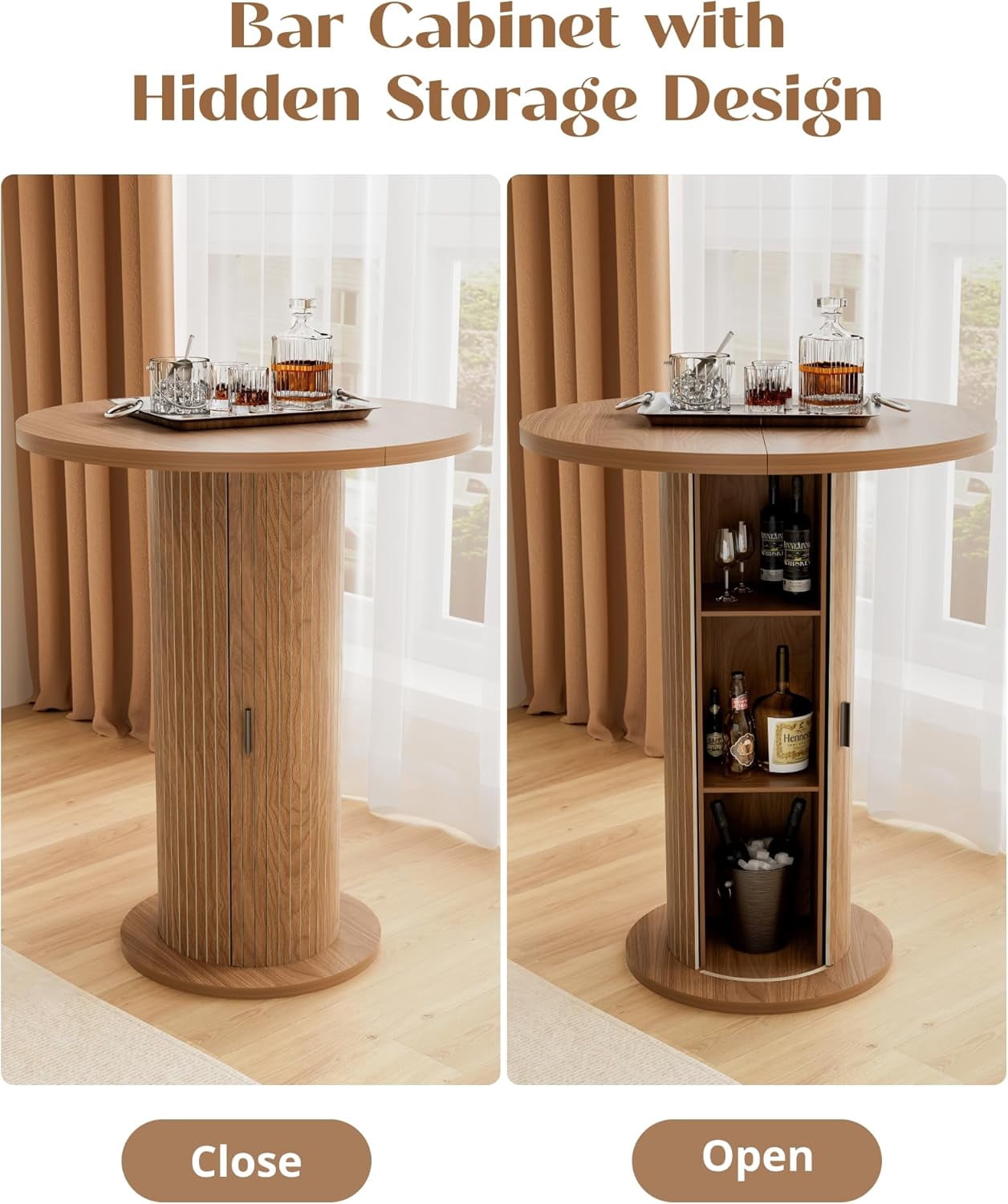 Bar Table with Storage and Sliding Door, 39.4” H 31.5” W Small Round ...